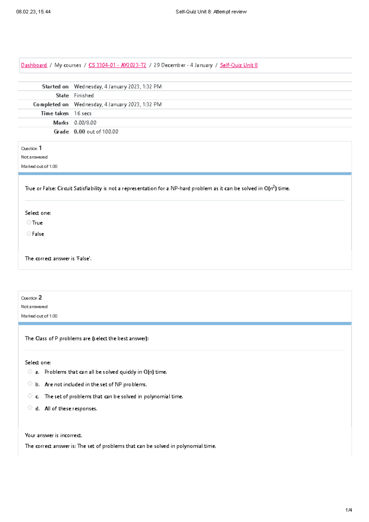 CS 3304 Analysis of algotithm Self Quiz unit 8 - Started on Wednesday ... CS 3304 Analysis of algotithm Self Quiz unit 8 - Started on Wednesday ...