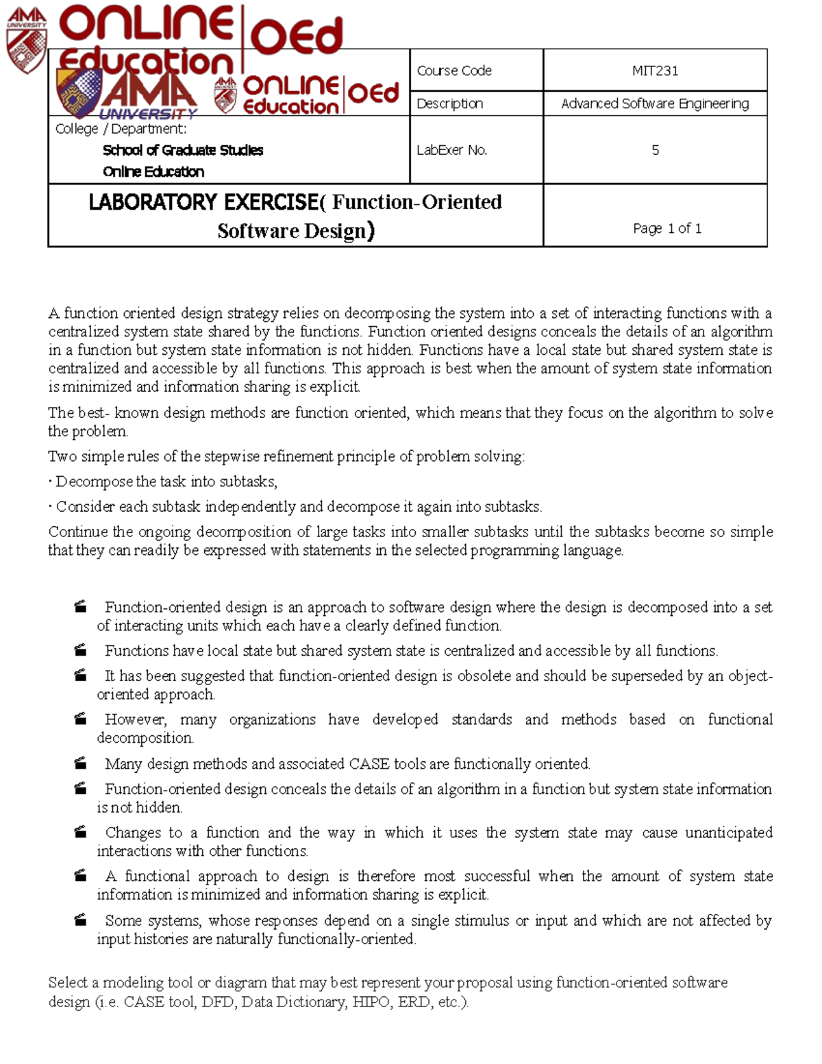 Week006 Laboratory Exercise 005 Function Oriented Software Design - Course Code MIT Description ...