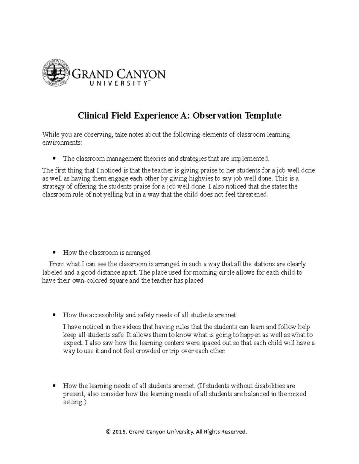 Observation form week 2 - Clinical Field Experience A: Observation ...