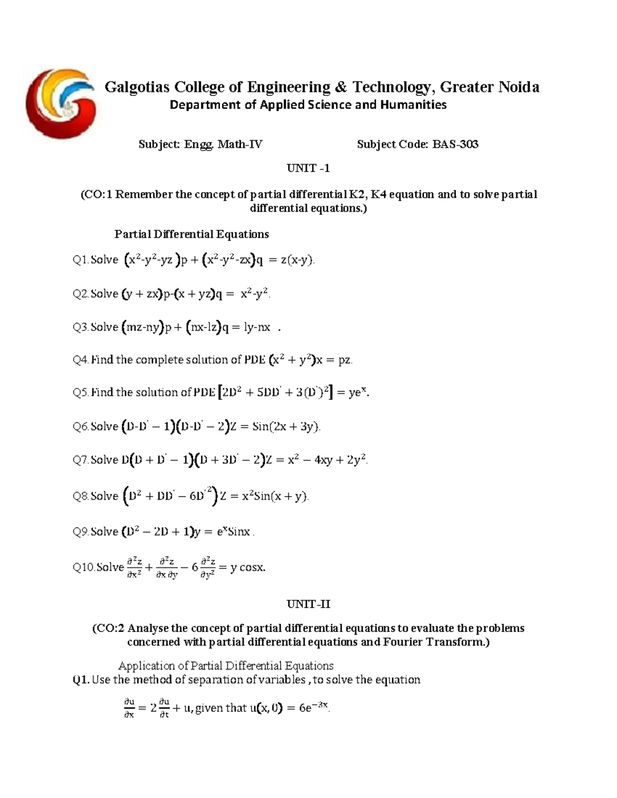 UNIT-1 2 3 4 5 - Important questions math-4 question Bank - Galgotias ...