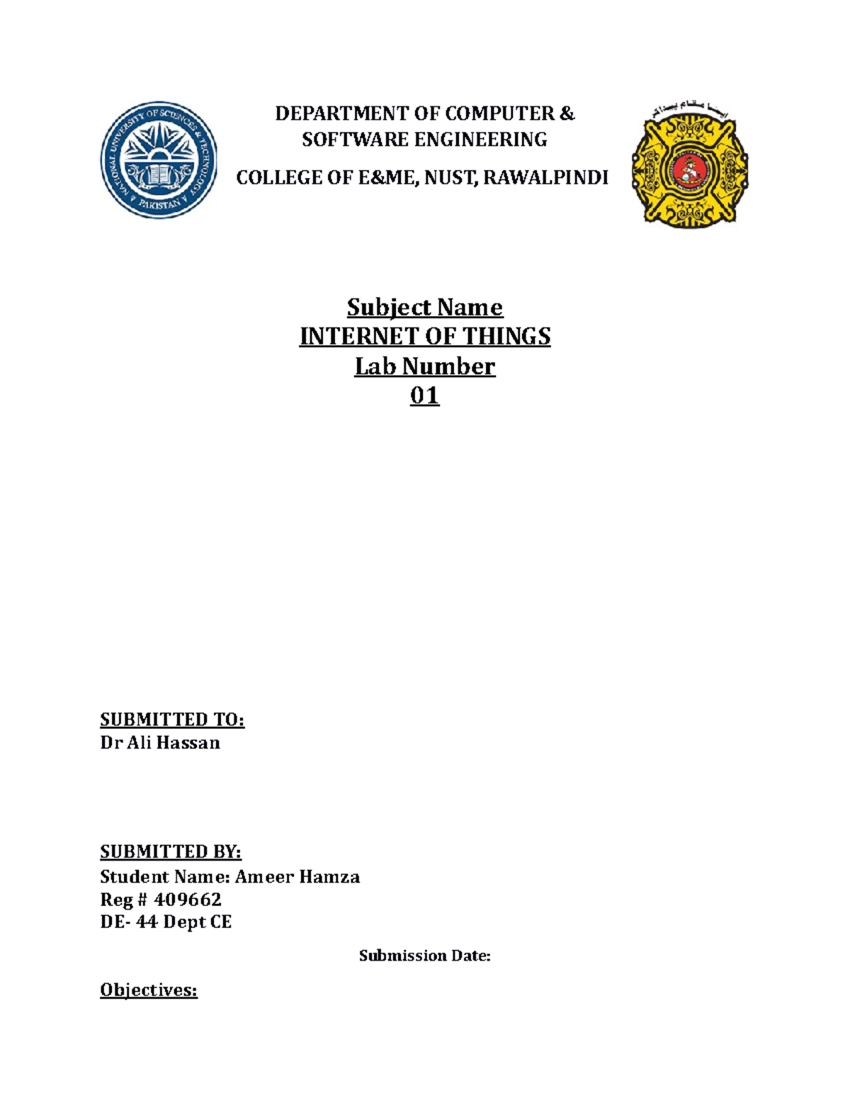 Ameer Hamza IOT lab report 01 - DEPARTMENT OF COMPUTER & SOFTWARE ...