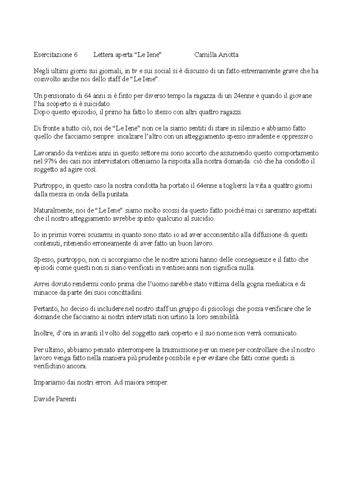 Le Iene - Lettera Aperta - Esercitazione 6 Lettera aperta “Le Iene ...