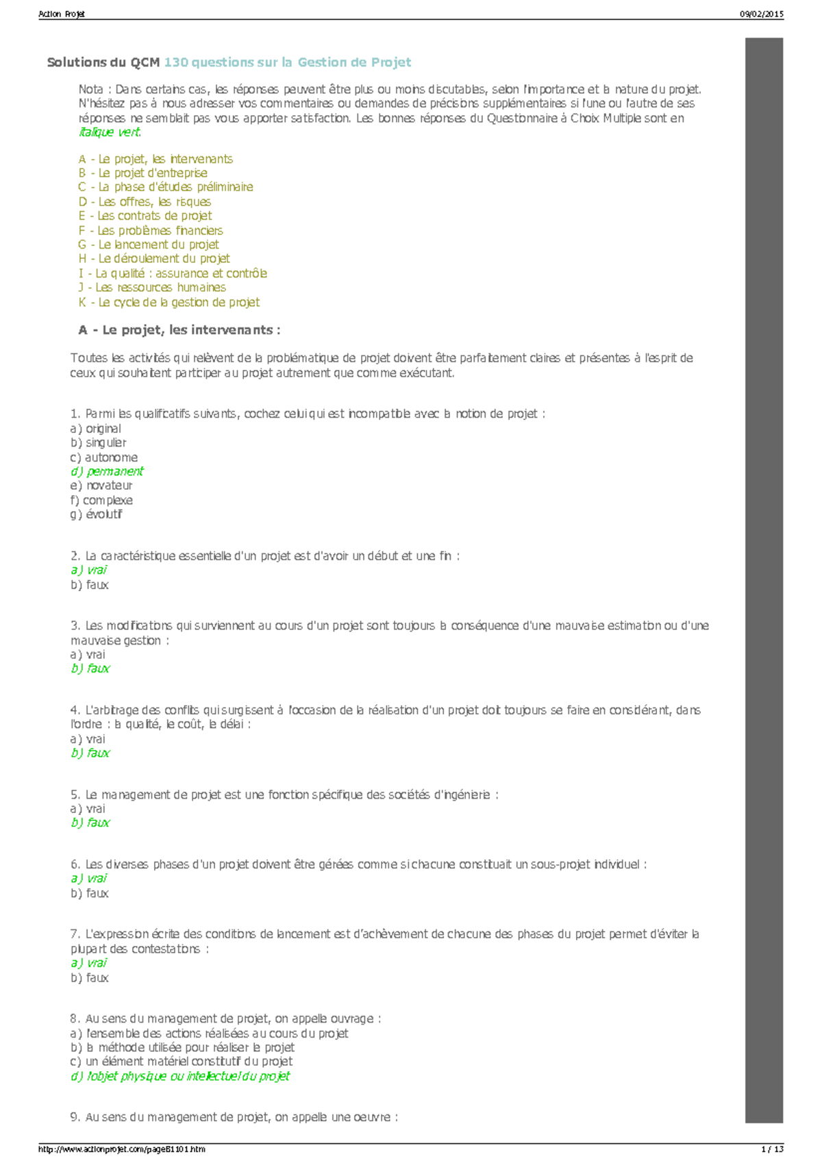QCM- Correction - merci - Solutions du QCM 130 questions sur la Gestion ...