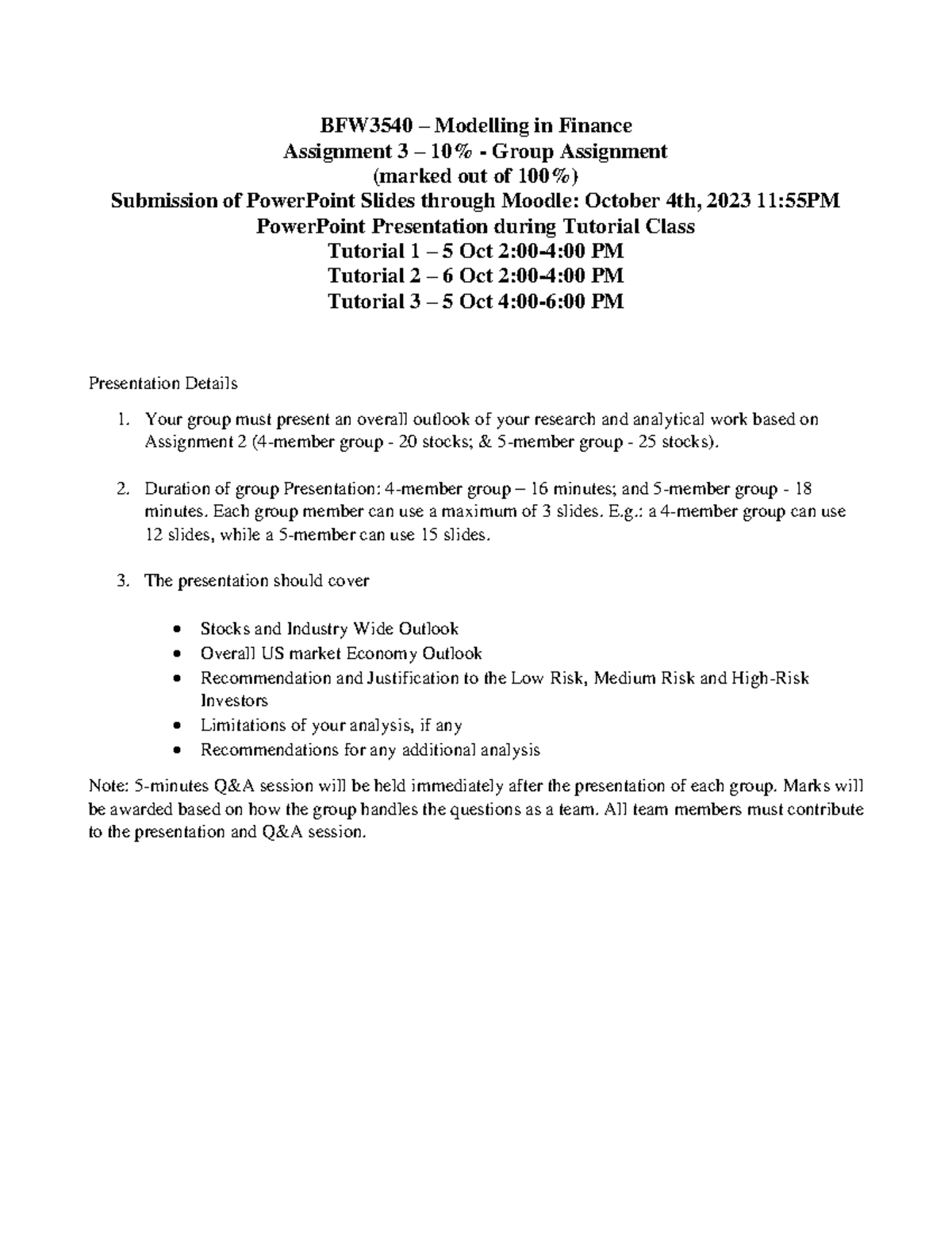 BFW3540 Assignment 3 Final S2 2023 - BFW3540 – Modelling in Finance Assignment 3 – 10% - Group ...