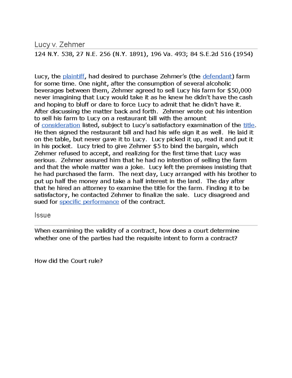 Lucy v Zehmer case - Lucy v. Zehmer 124 N. 538, 27 N. 256 (N. 1891 ...