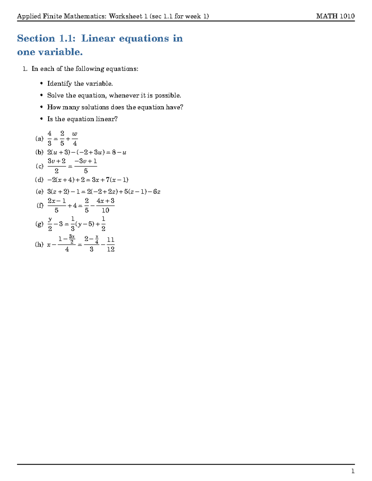 W1-Math1010 - practice worksheet - Applied Finite Mathematics: Worksheet 1 (sec 1 for week 1 ...