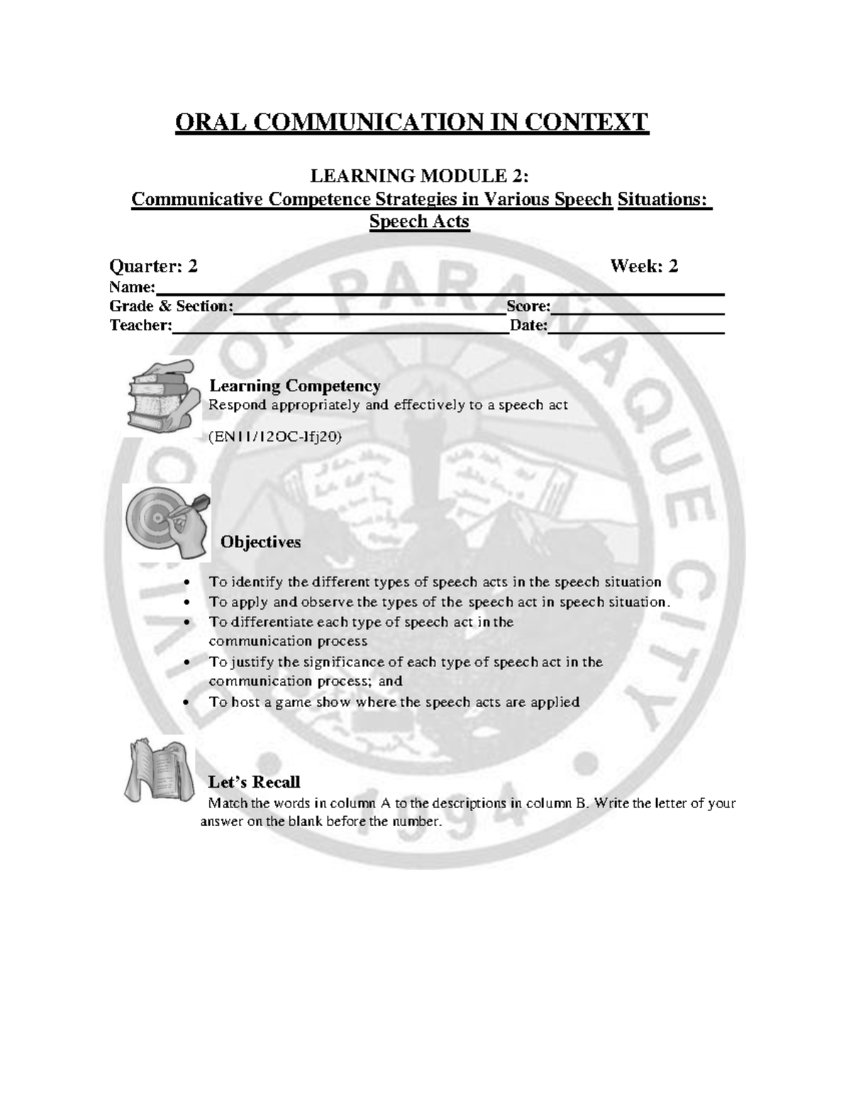 ORAL-COMM Q2W2 - Modular Materials - ORAL COMMUNICATION IN CONTEXT ...