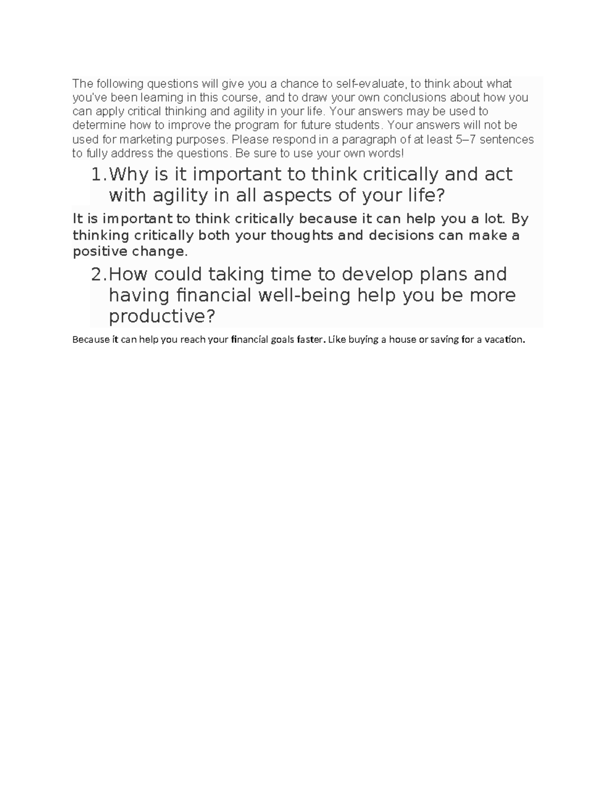 Reflect - The following questions will give you a chance to self ...