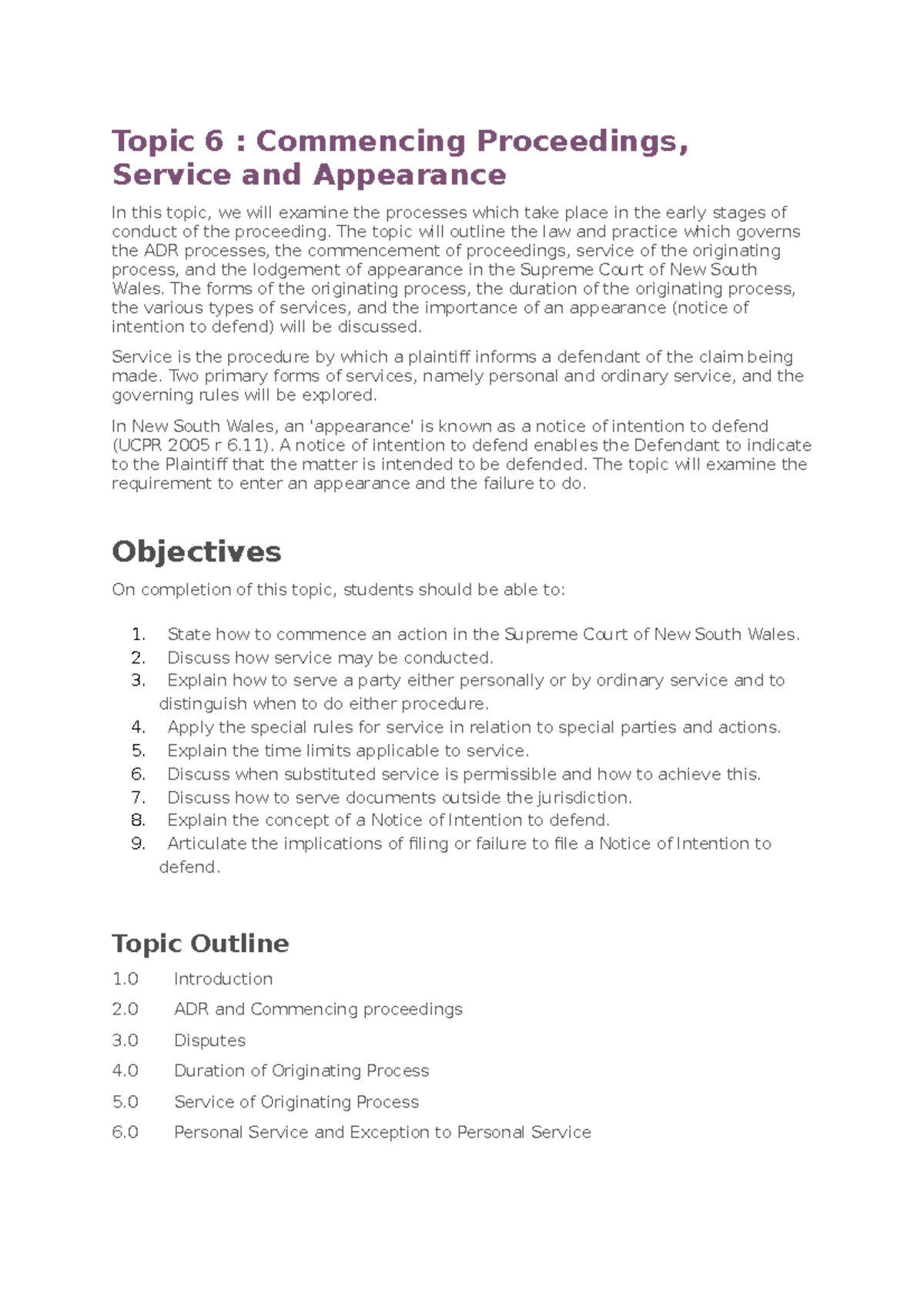 Civil Procedure EXAM Notes - Topic 6 : Commencing Proceedings, Service ...