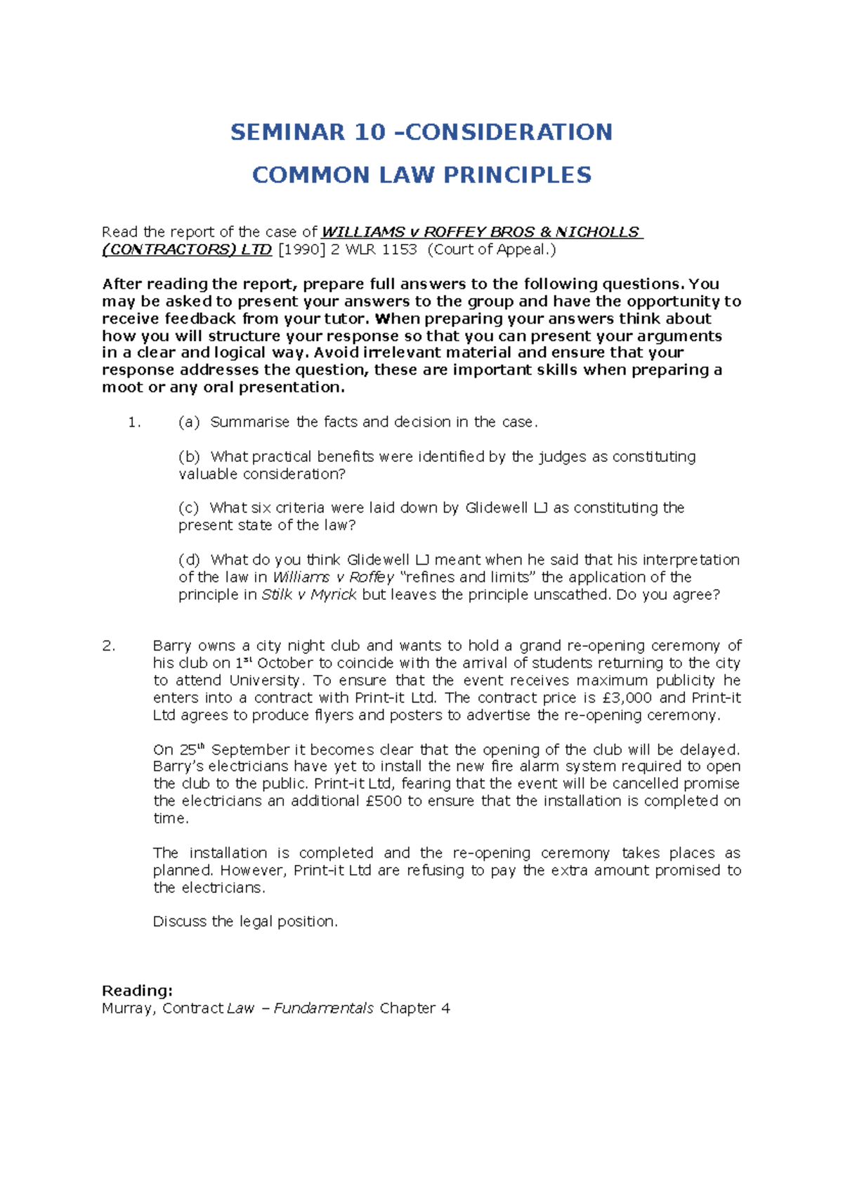 Contract law Seminar 10 - SEMINAR 10 –CONSIDERATION COMMON LAW ...