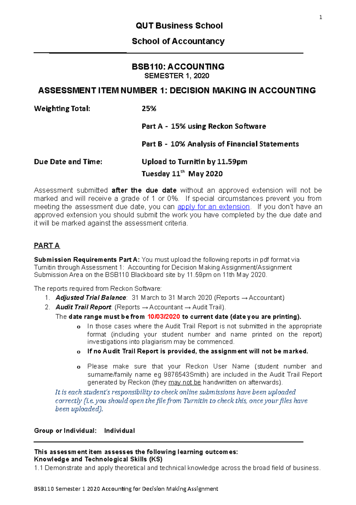 Decision Making in Accounting Assignment Sem 1 2020 - QUT Business ...