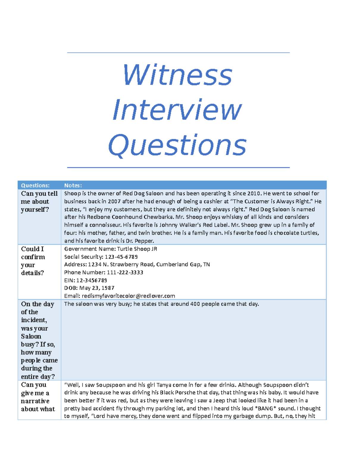 Witness Interview Questions Answered 13-1 - Witness Interview Questions ...