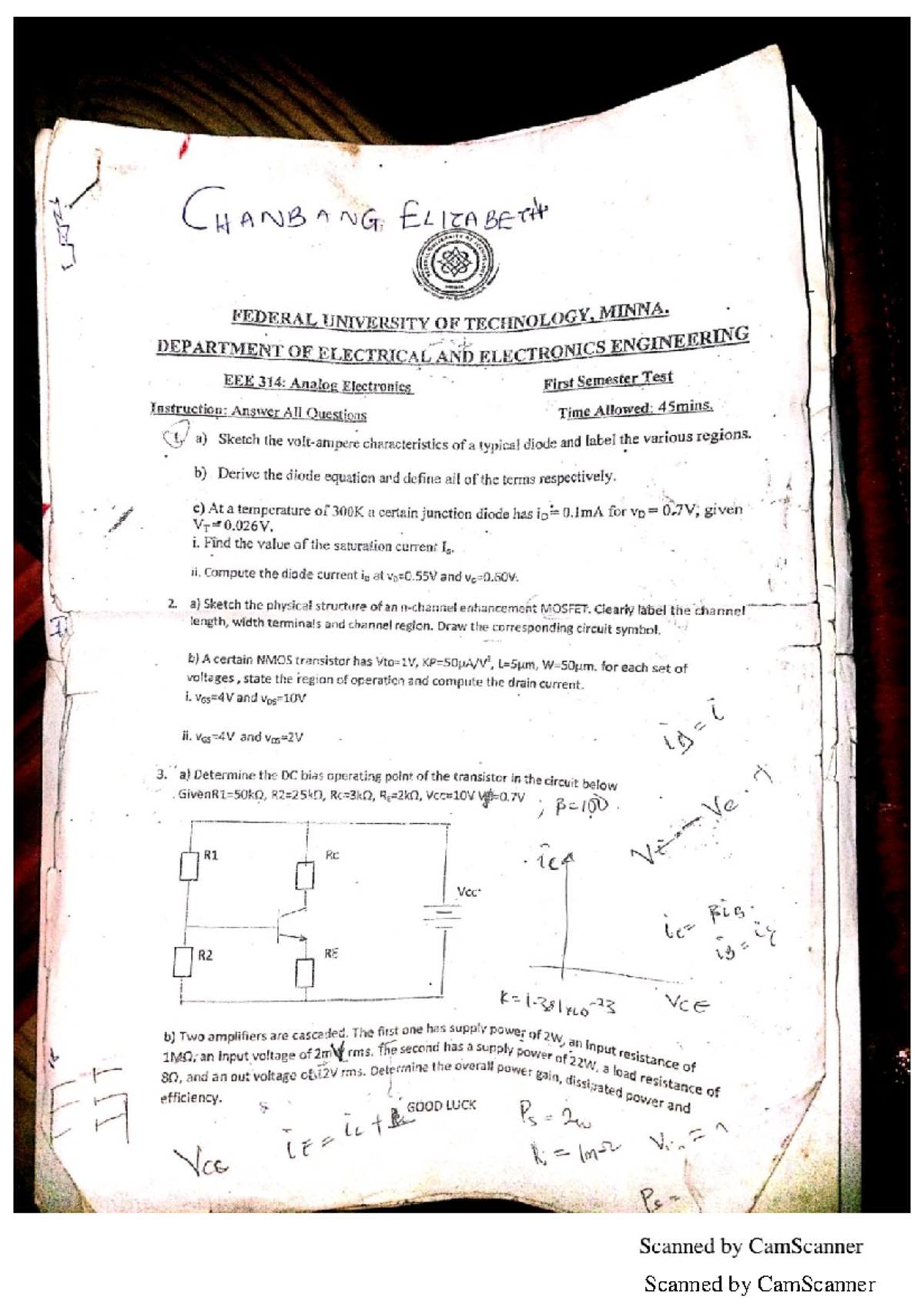 300 level Electrical Engineering past questions 1st semester - Studocu