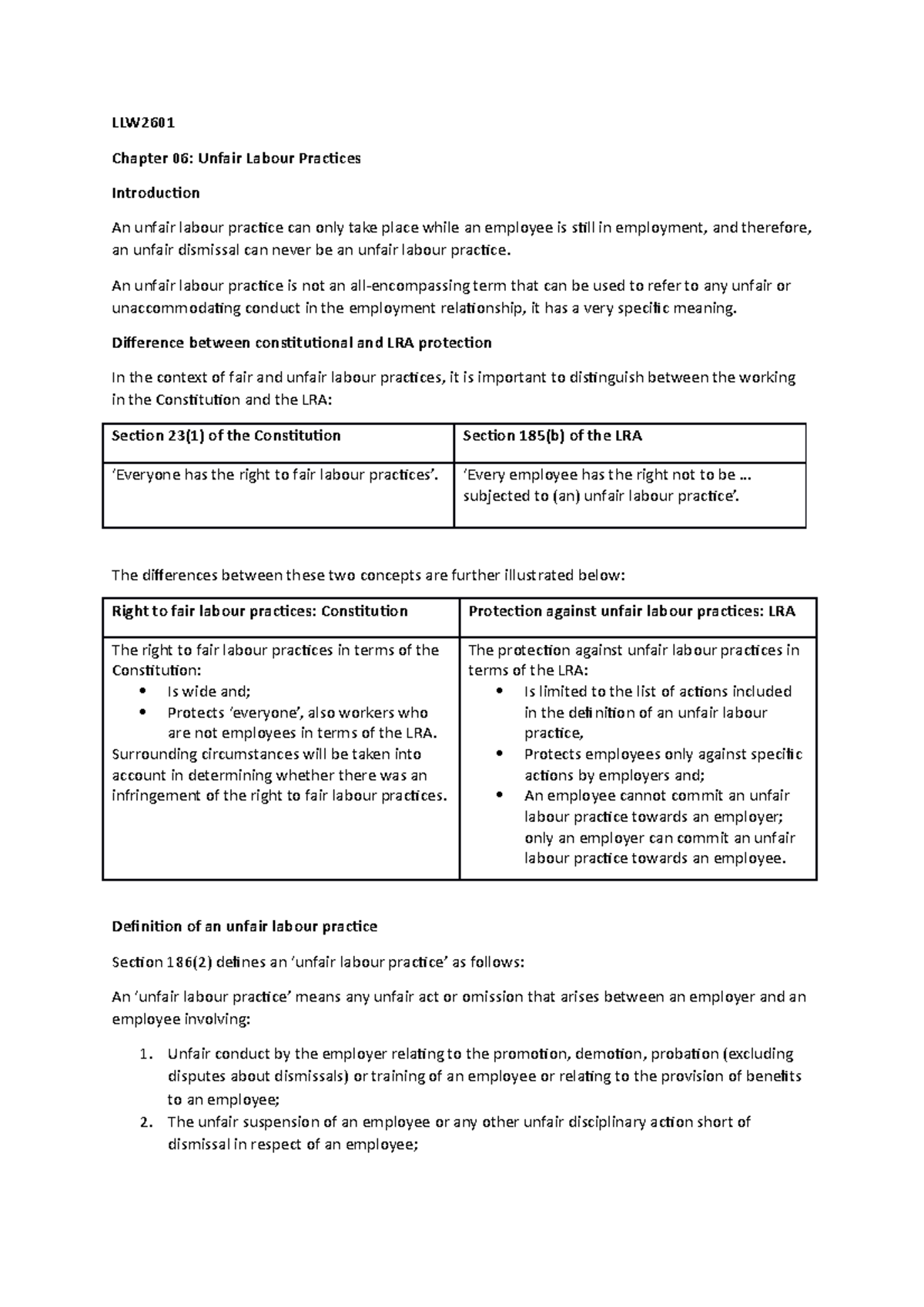 LLW2601 - Chapter 06 Summarized - LLW Chapter 06: Unfair Labour ...