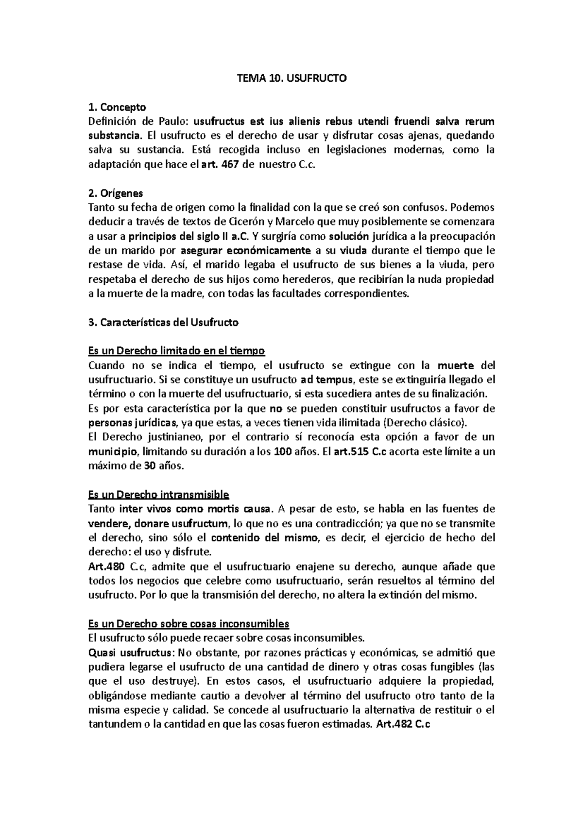 Lección 12 - Derecho Romano temas - TEMA 10. USUFRUCTO Concepto ...
