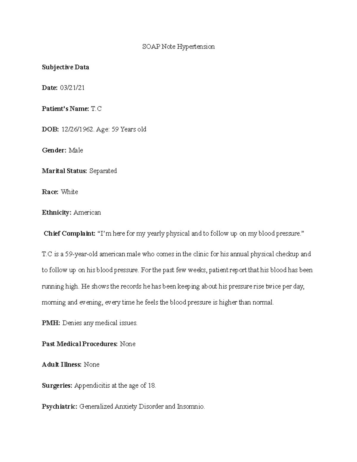 Week 11 Assignment SOAP Note - SOAP Note Hypertension Subjective Data ...