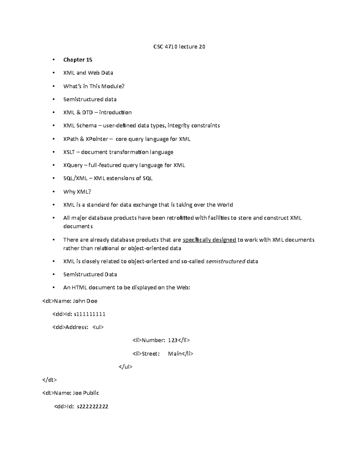 Csc 4710 Lecture 20 Csc 4710 Lecture 20 Chapter 15 Xml And Web Data What S In This Module