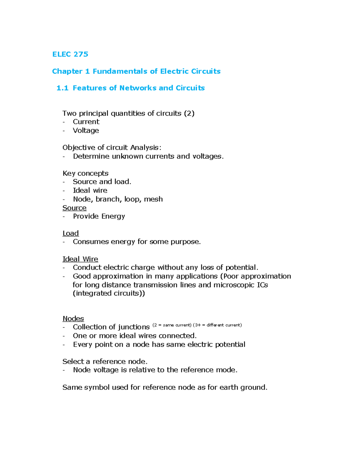 ELEC 275 - Summary of Principles Of ELectrical Engineering Chapter 1 -3 ...