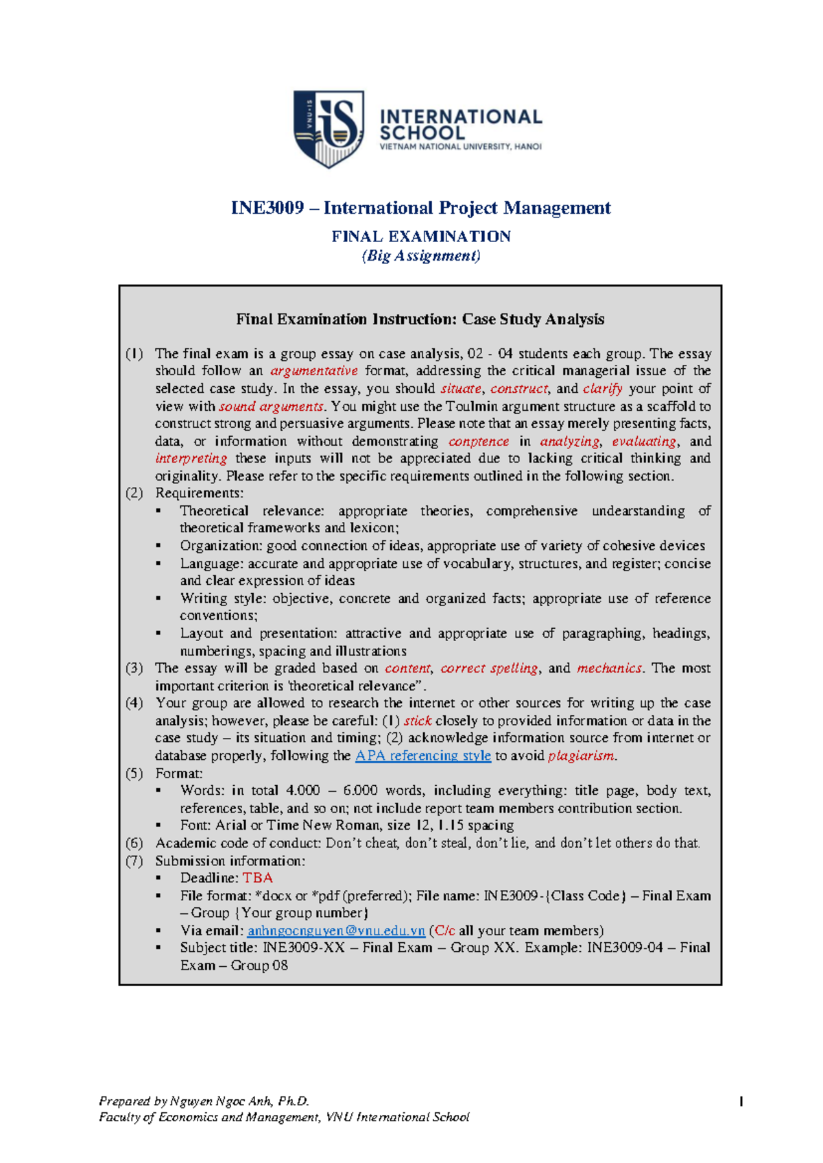 INE3009 IPM - Final Exam (Supplement - ver. 20240420) 1 - Prepared by Nguyen Ngoc Anh, Ph. 1 ...