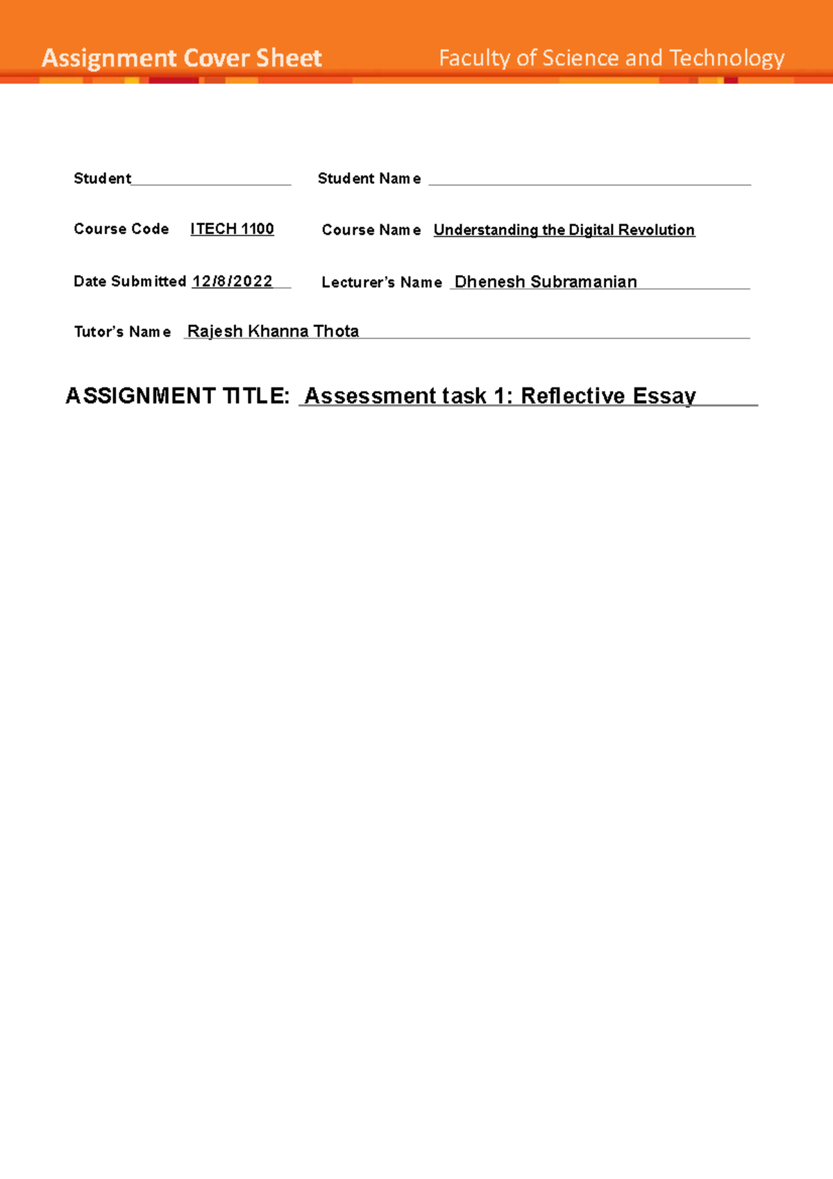 Coverpage - Assignment Cover Sheet Faculty of Science and Technology ...