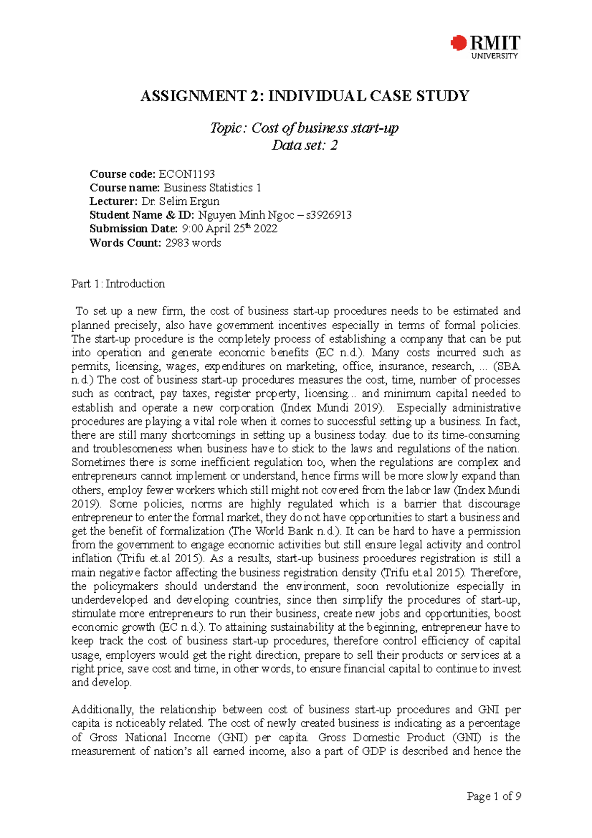 Bstat 1-asm2-individual case study - Business Statistics - RMIT ...
