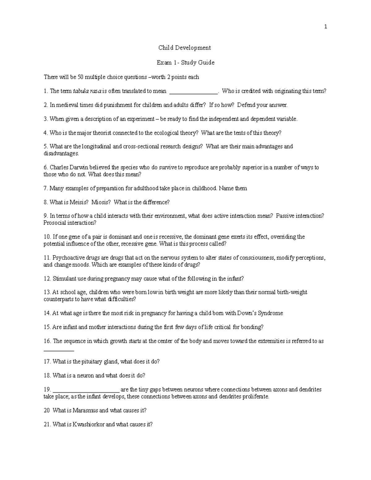 Test 1 study guide - 1 Child Development Exam 1- Study Guide There will ...