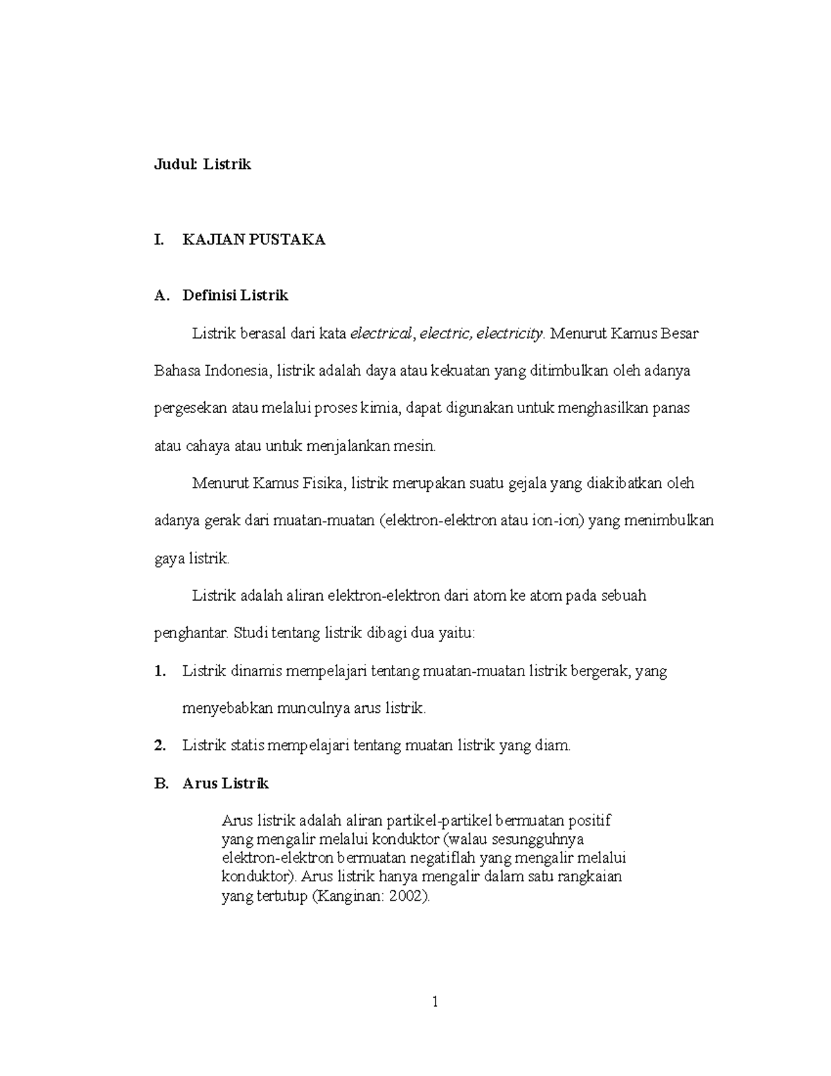Laporan praktikum listrik - Judul: Listrik I. KAJIAN PUSTAKA A ...