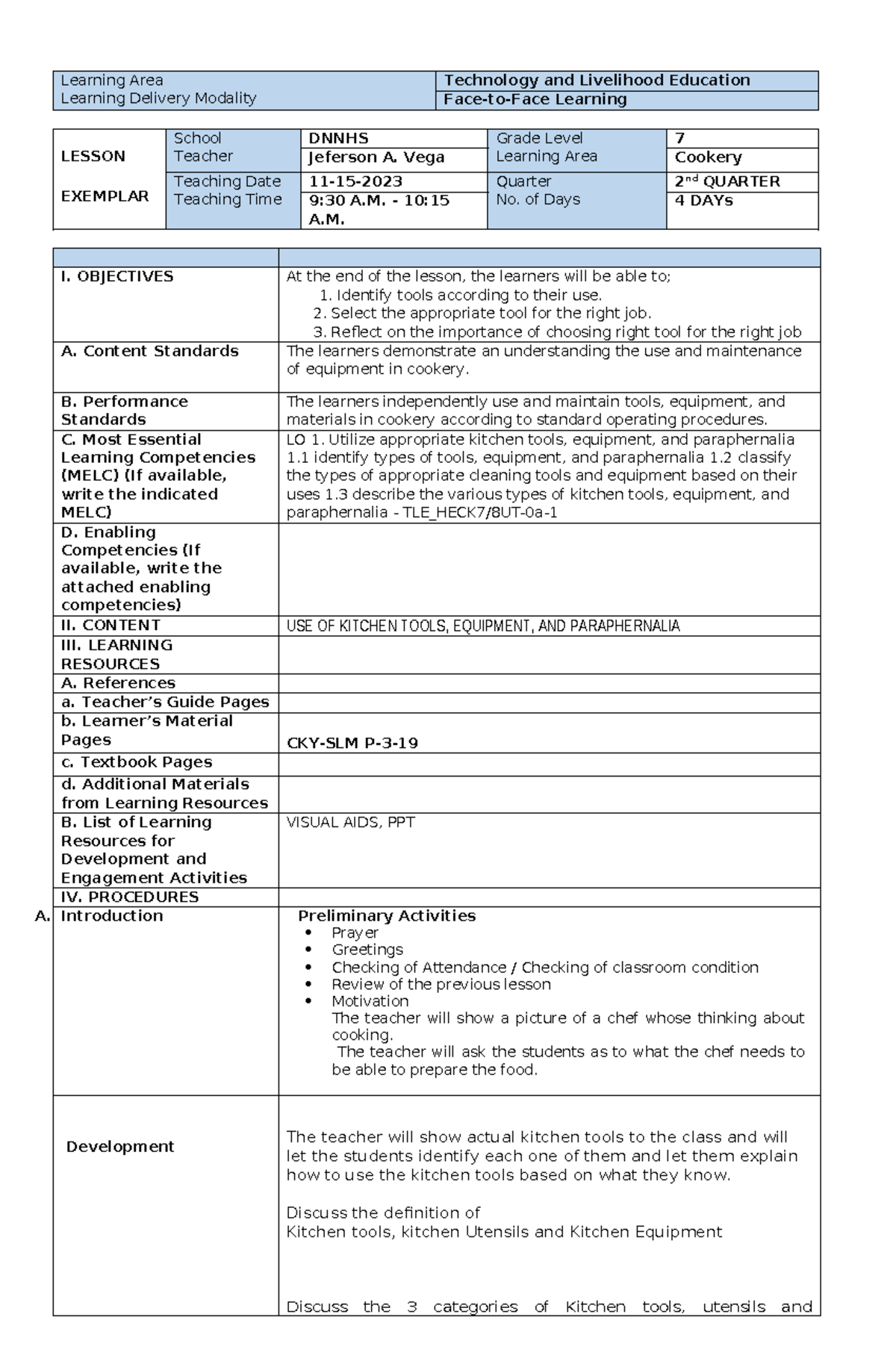Lesson Plan For TLE - Learning Area Learning Delivery Modality ...