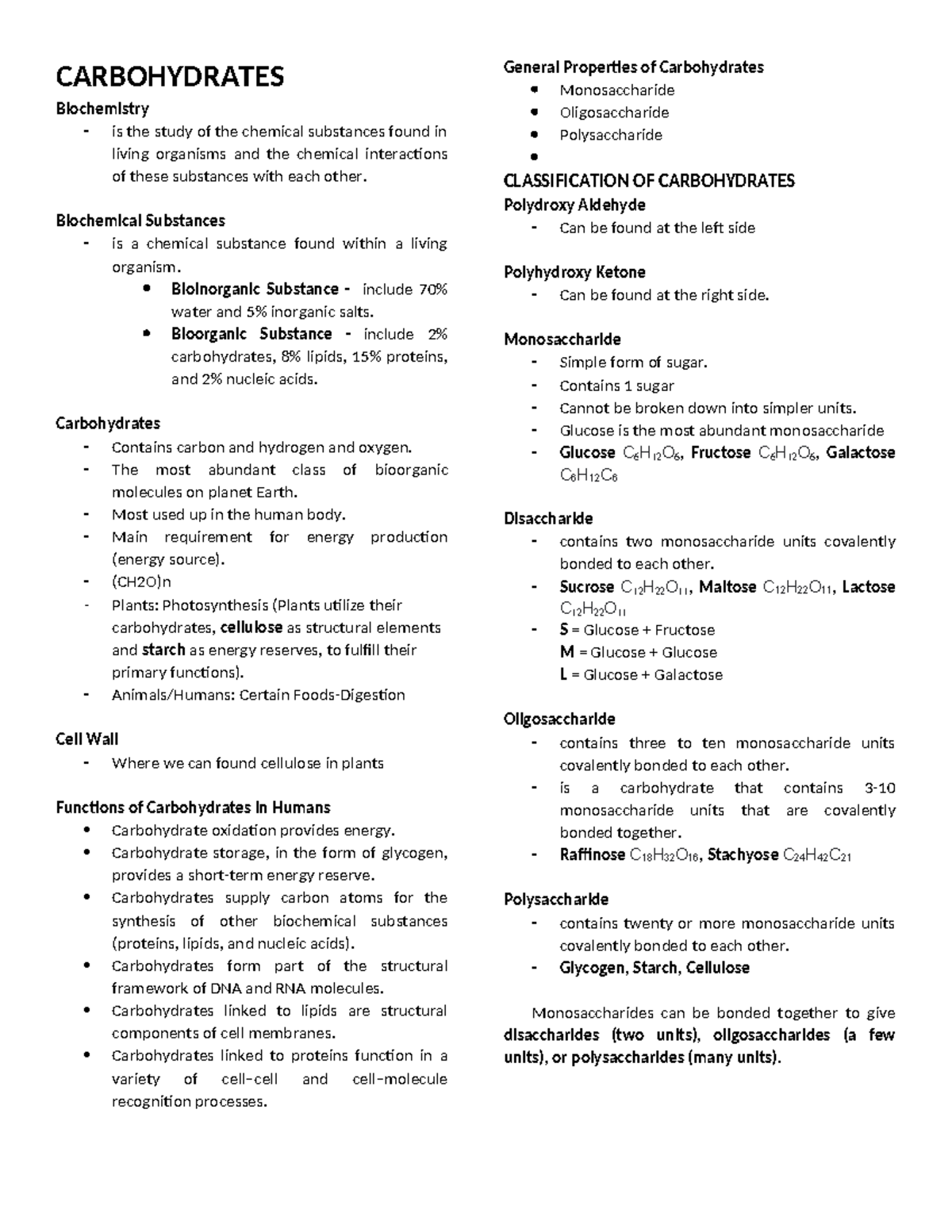 Prelim-CHEM-LEC- Notes - CARBOHYDRATES Biochemistry - is the study of ...