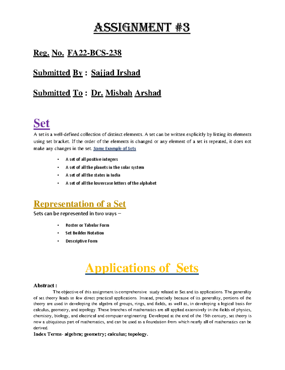 FA22-BCS-238(DS Assignment #3) - Assignment Reg. No. FA22-BCS- Submitted By : Sajjad Irshad ...