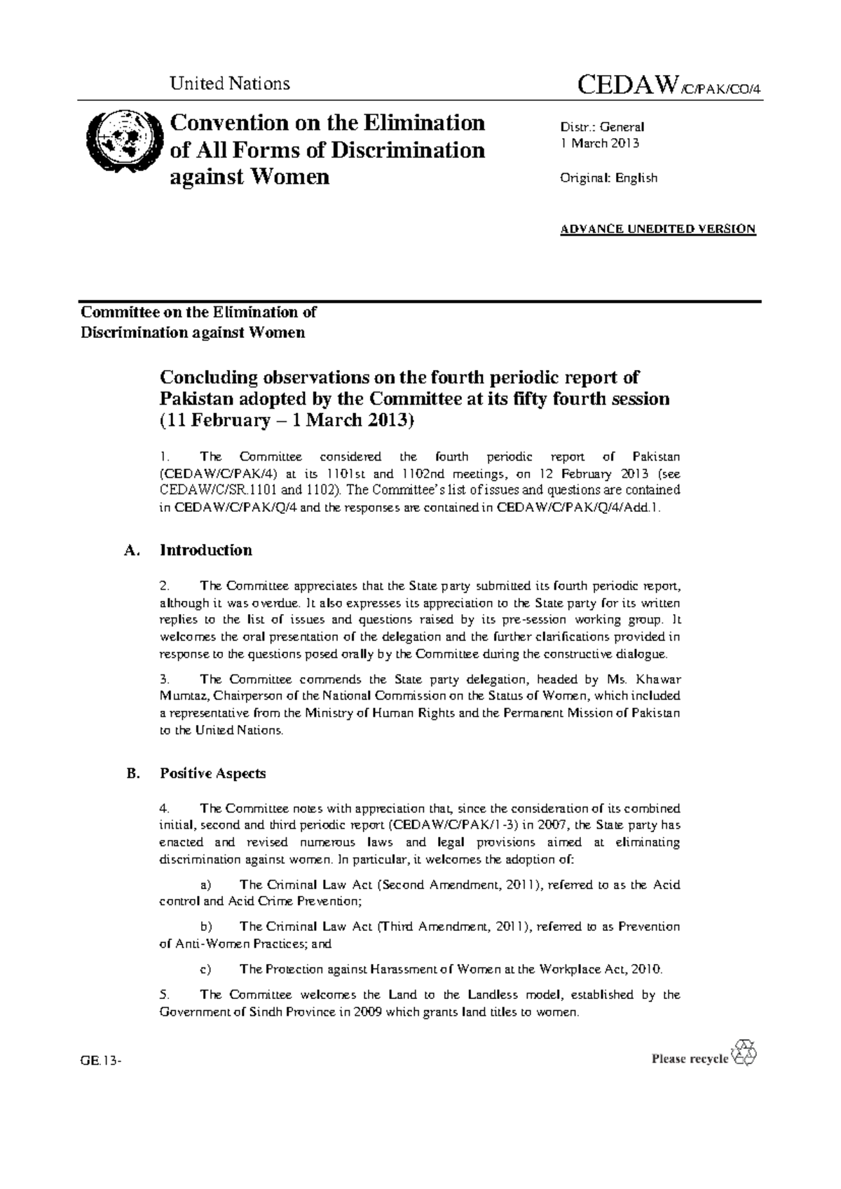 Cedaw, Pakistan - best notes - GE- Committee on the Elimination of ...