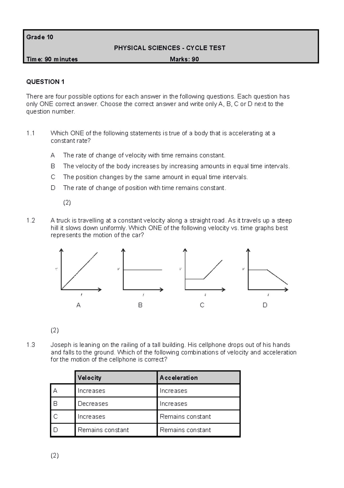 6 term 1 test questions - practice test - Grade 10 PHYSICAL SCIENCES ...