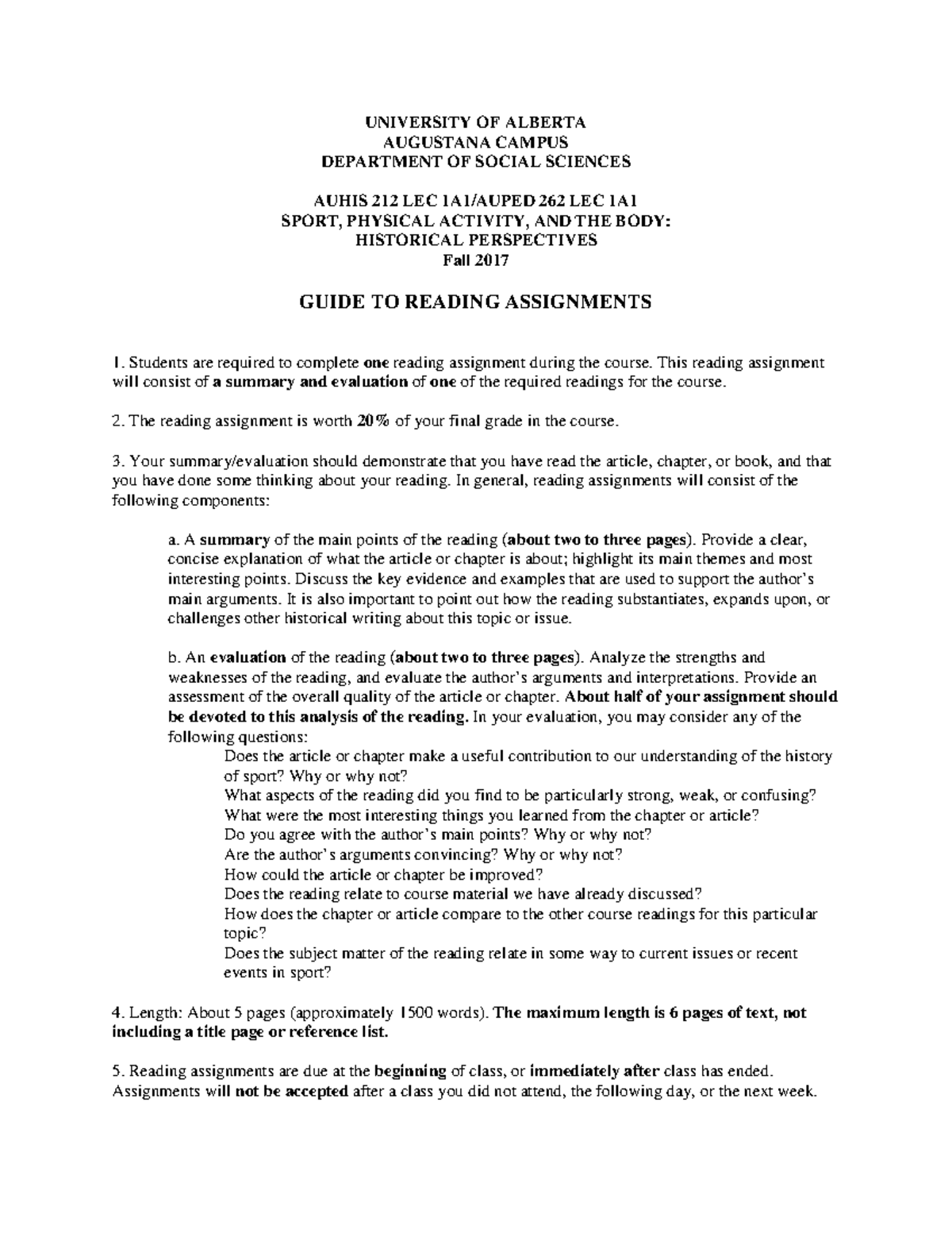 Reading Assignment Guide - UNIVERSITY OF ALBERTA AUGUSTANA CAMPUS ...