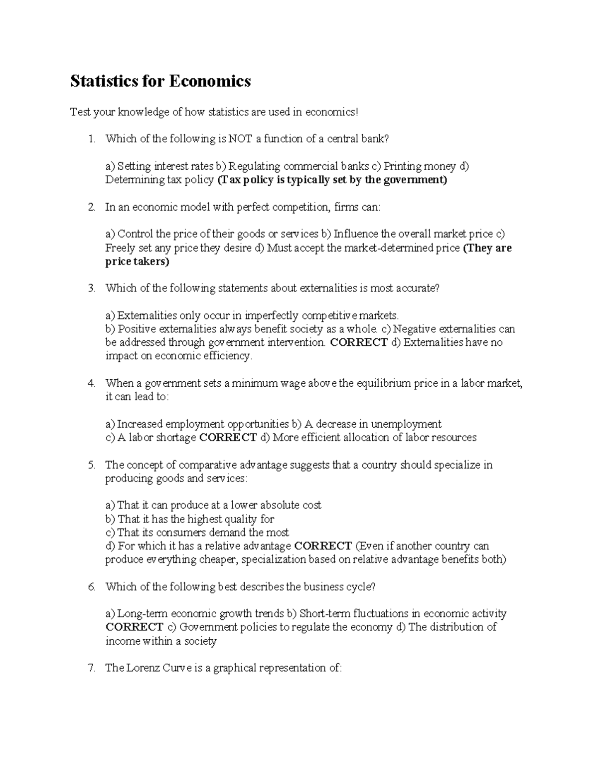 Quiz 10 - Statistics for Economics Test your knowledge of how ...