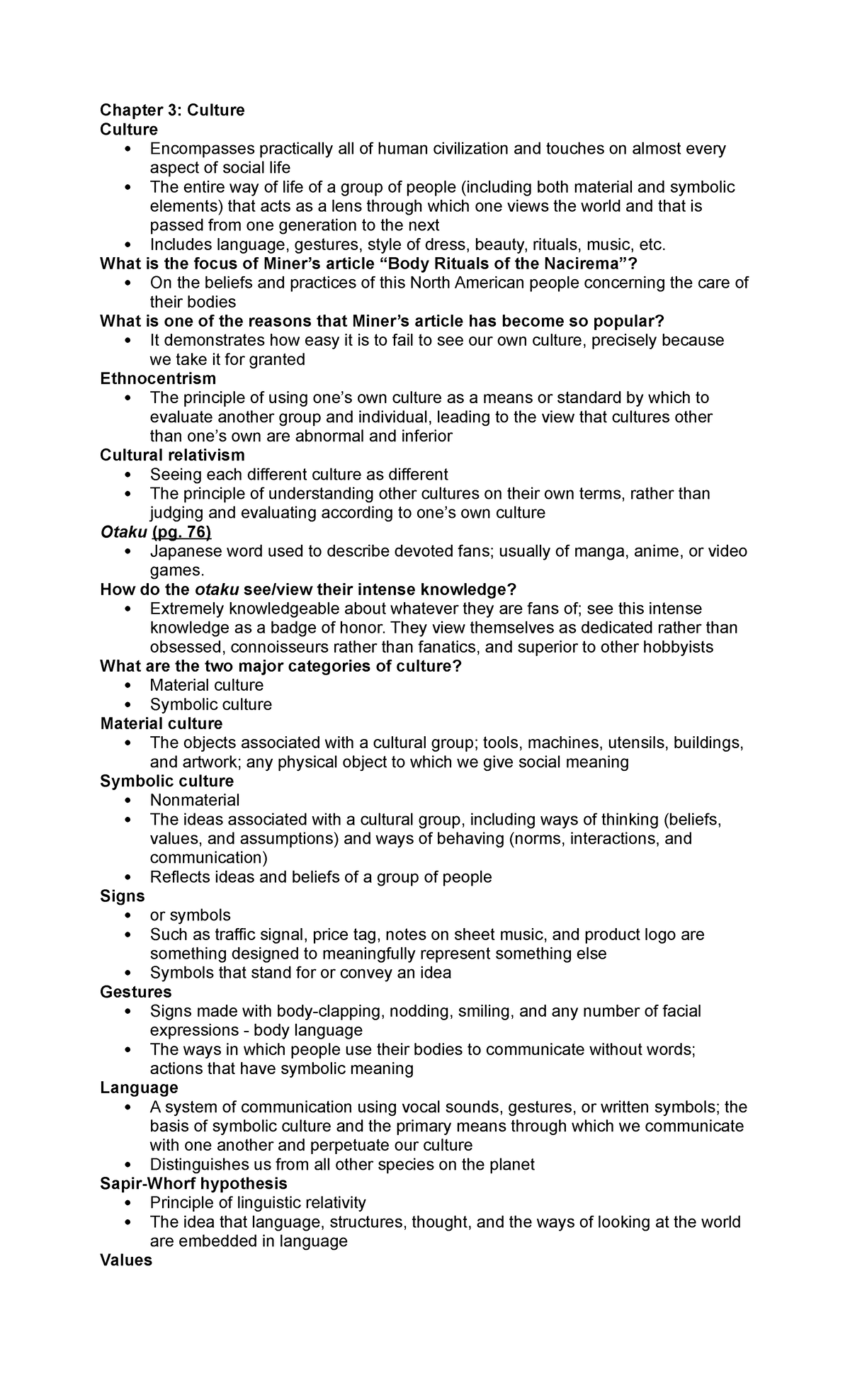 Soci 100 Exam 2 - online class - Chapter 3: Culture Culture Encompasses ...