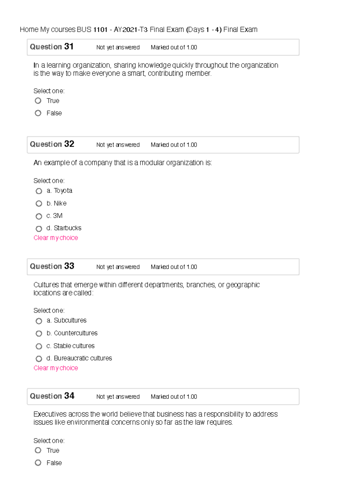 Final Exam (page 4 of 4) - Question 31 Not yet answered Marked out of 1 ...