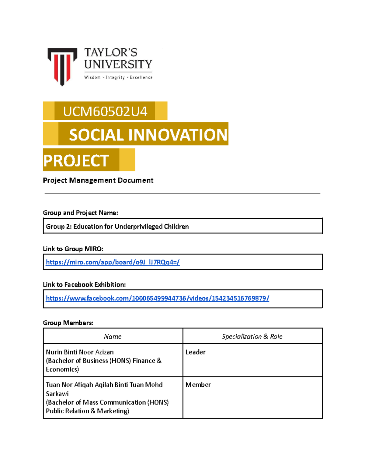 2) Sample of Project Management Document - ........... ..... INNOVATION ...