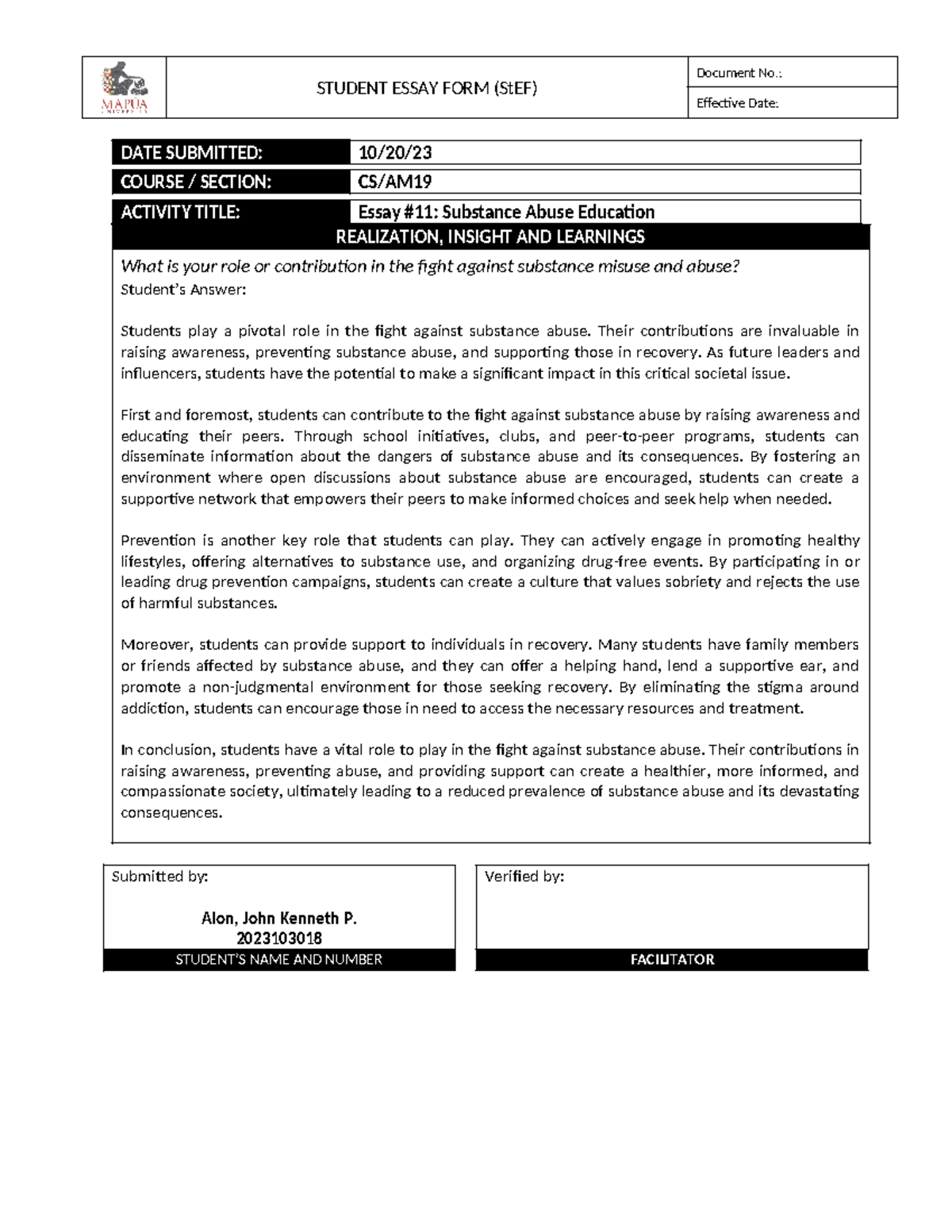 Form - NSTP1 00 Essay #11 - STUDENT ESSAY FORM (StEF) Document No ...