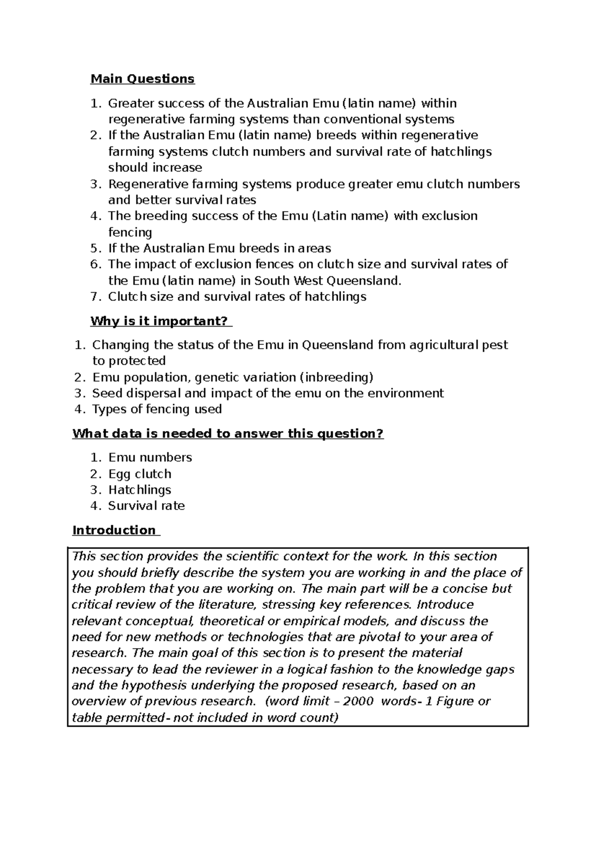 Emu notes - Main Questions 1. Greater success of the Australian Emu ...