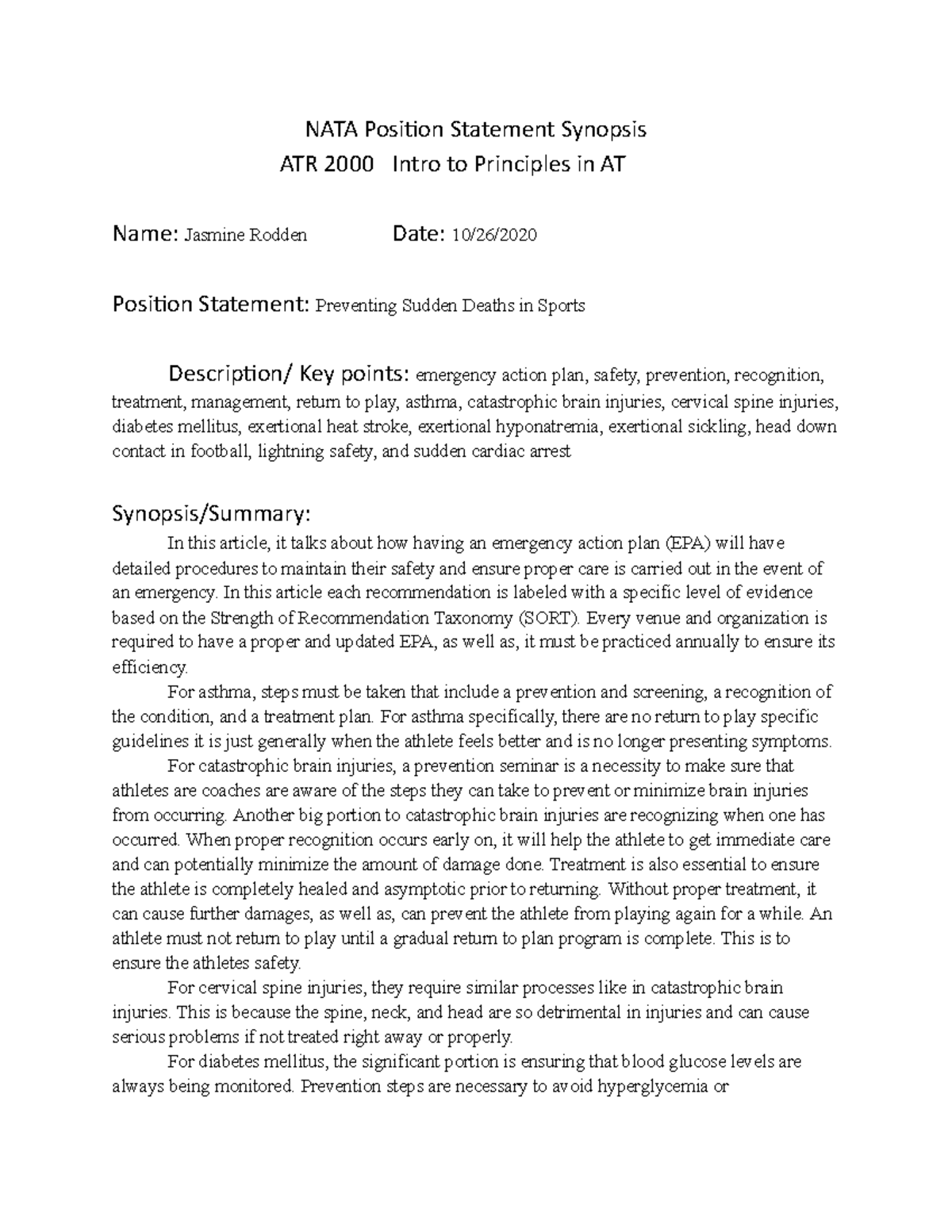 Position Statement #7 - Summarizing an article given - NATA Position ...