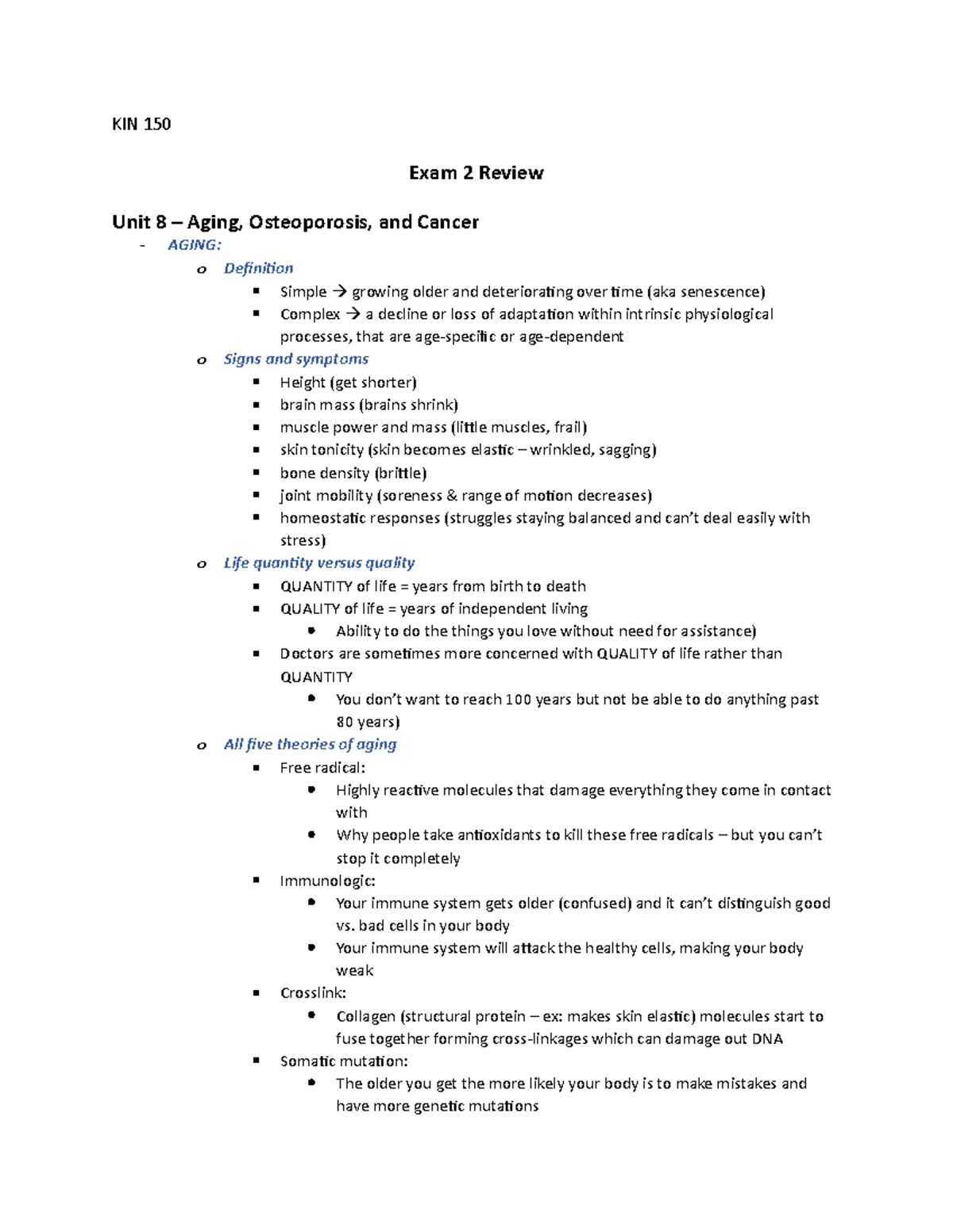 KIN 150 Exam 2 Review Unit 8 - KIN 150 Exam 2 Review Unit 8 Aging ...