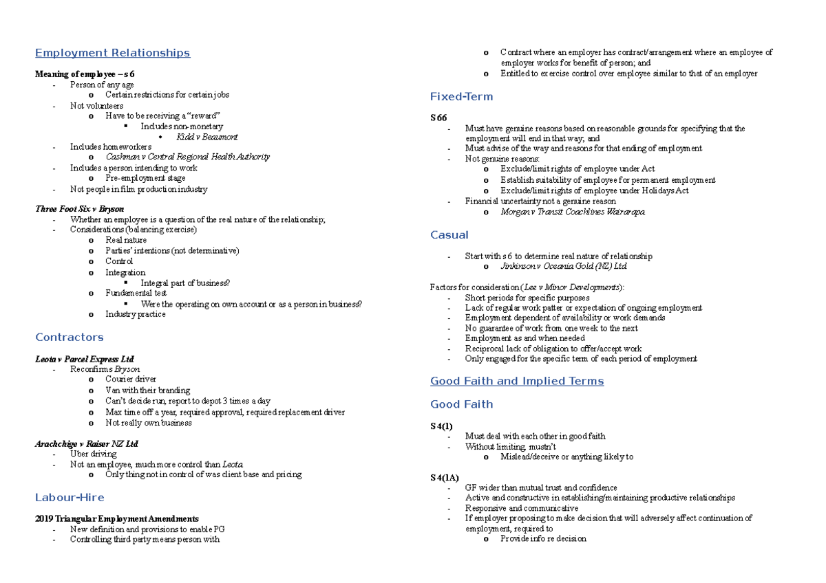 Labour Summary Notes - Labour Law - University of Otago - Studocu