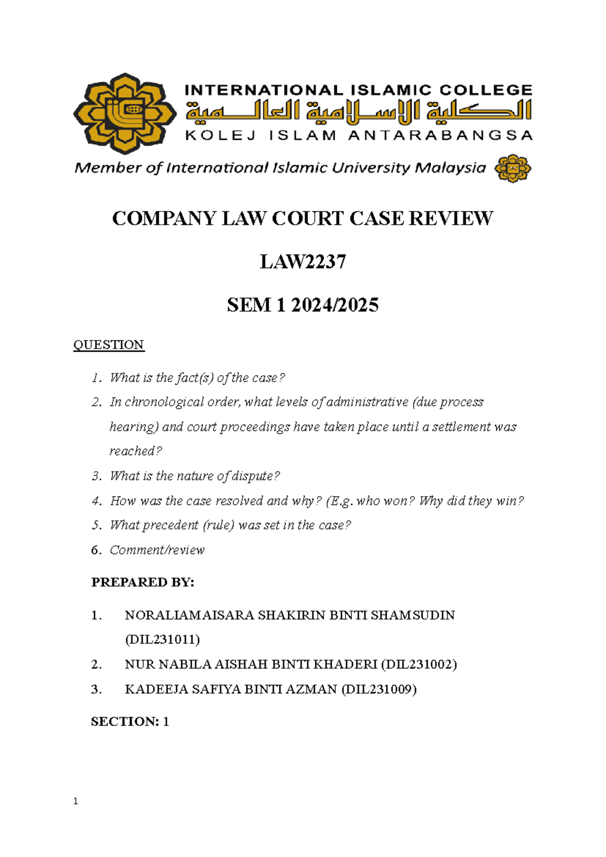 Company CASE Review - ..... - COMPANY LAW COURT CASE REVIEW LAW SEM 1 ...