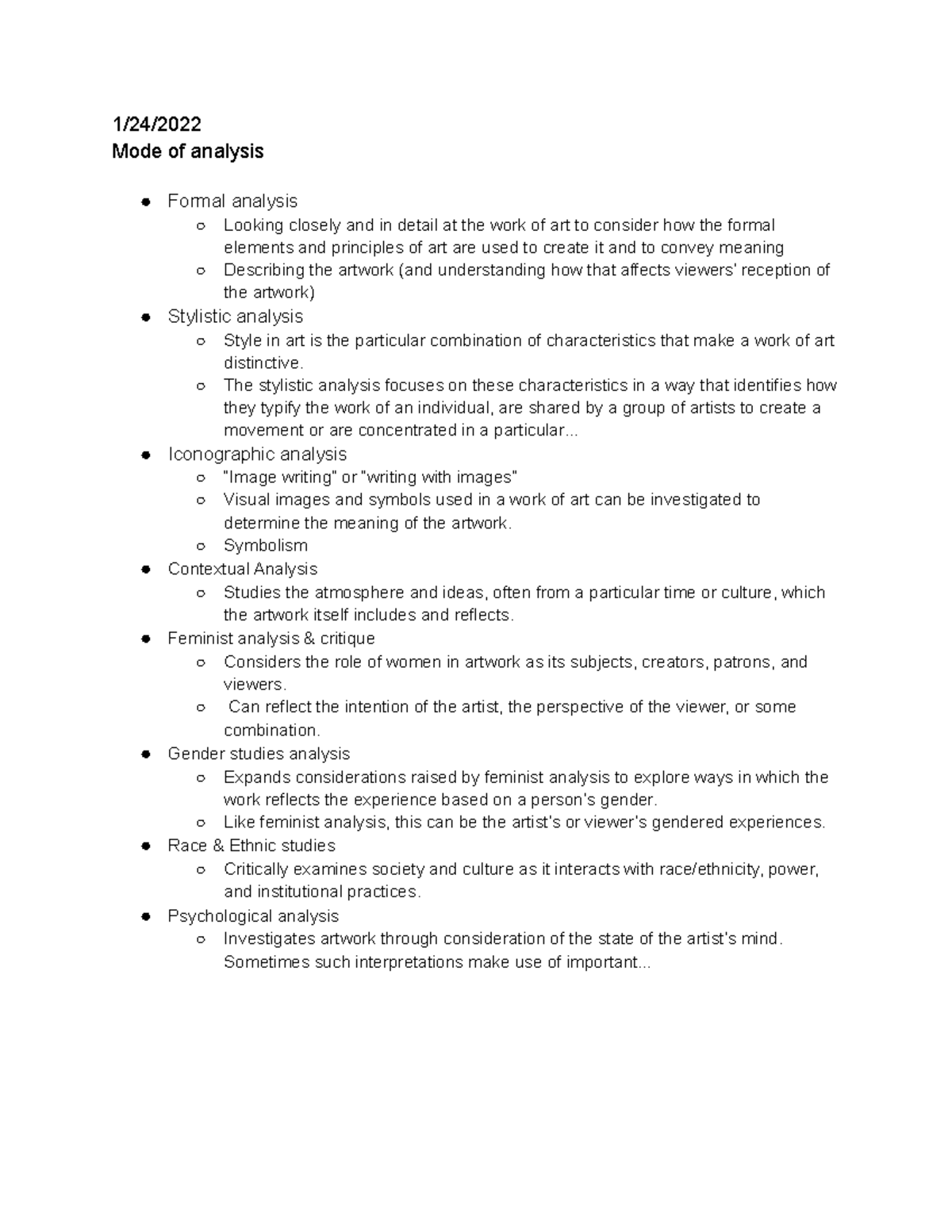 Mode of analysis - Intro to art - 1/24/ Mode of analysis Formal ...
