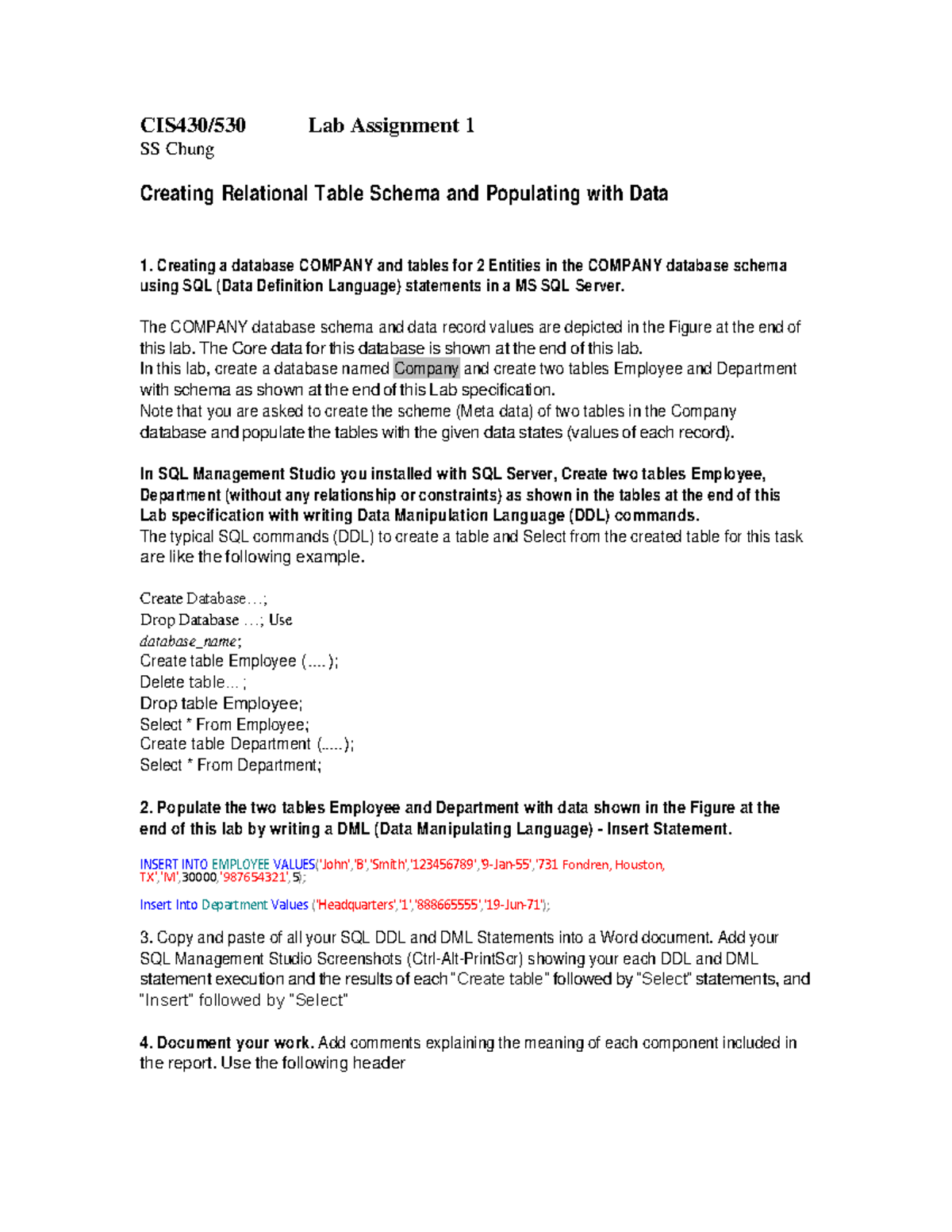 CIS430 LAB1 - LES GO - CIS430/530 Lab Assignment 1 SS Chung Creating Relational Table Schema and ...