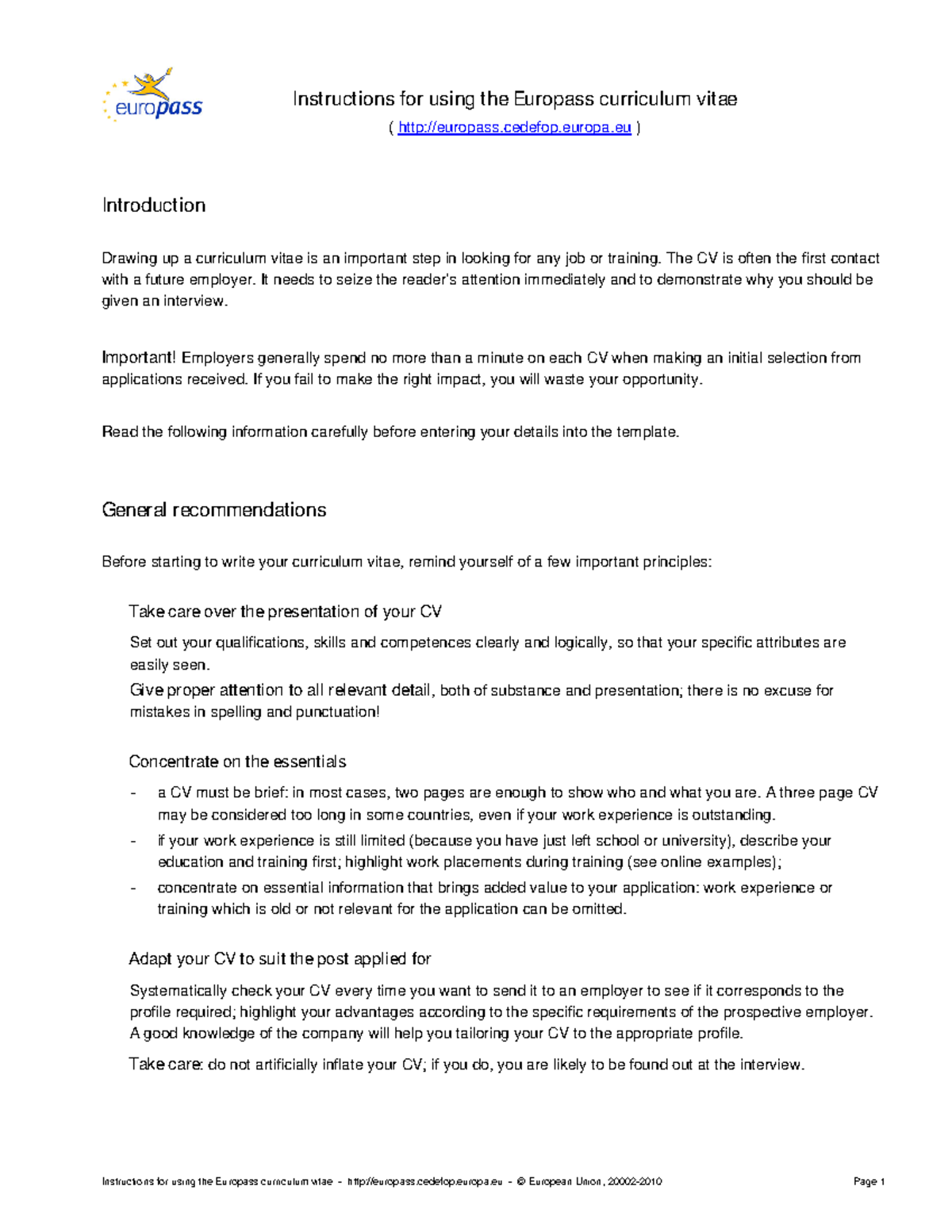Europass CV Instructions EN - Instructions for using the Europass ...