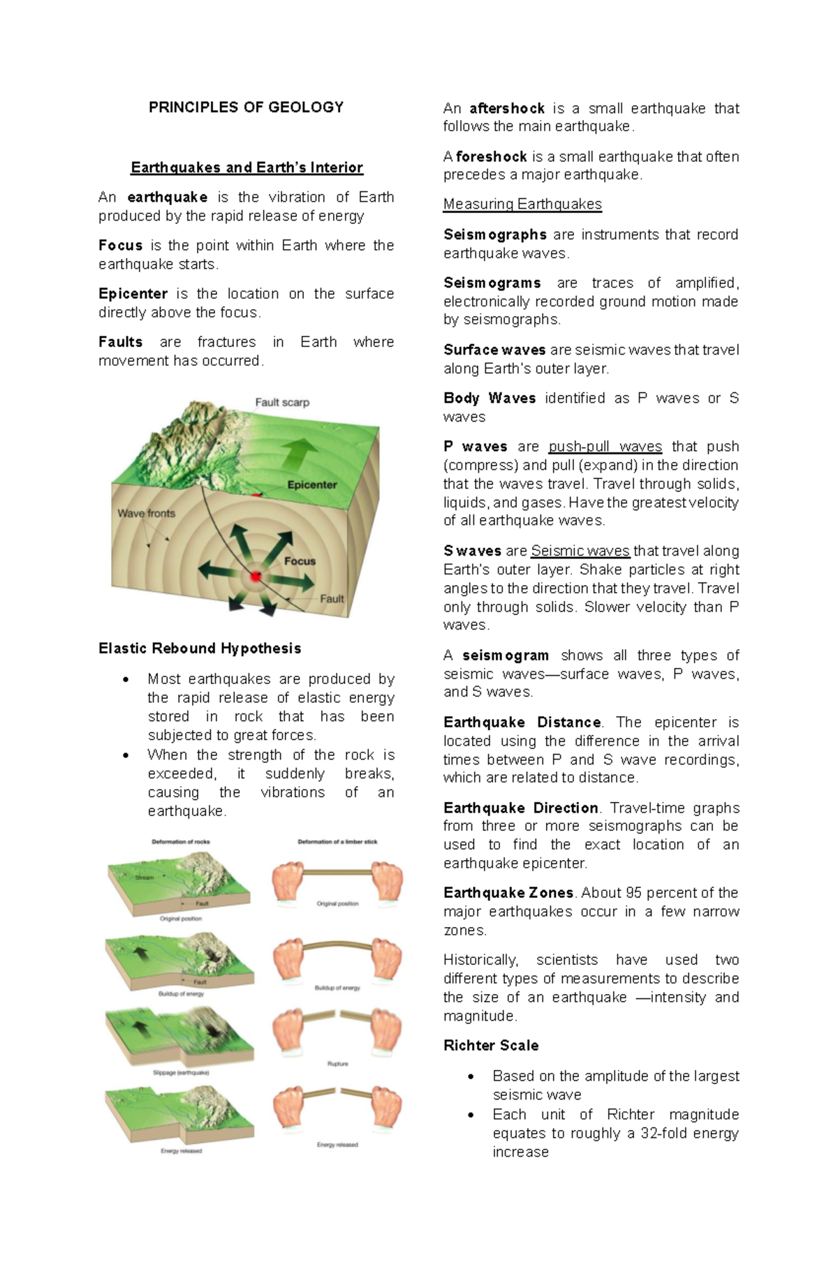 Principles of Geology Finals - PRINCIPLES OF GEOLOGY Earthquakes and Earth’s Interior An ...