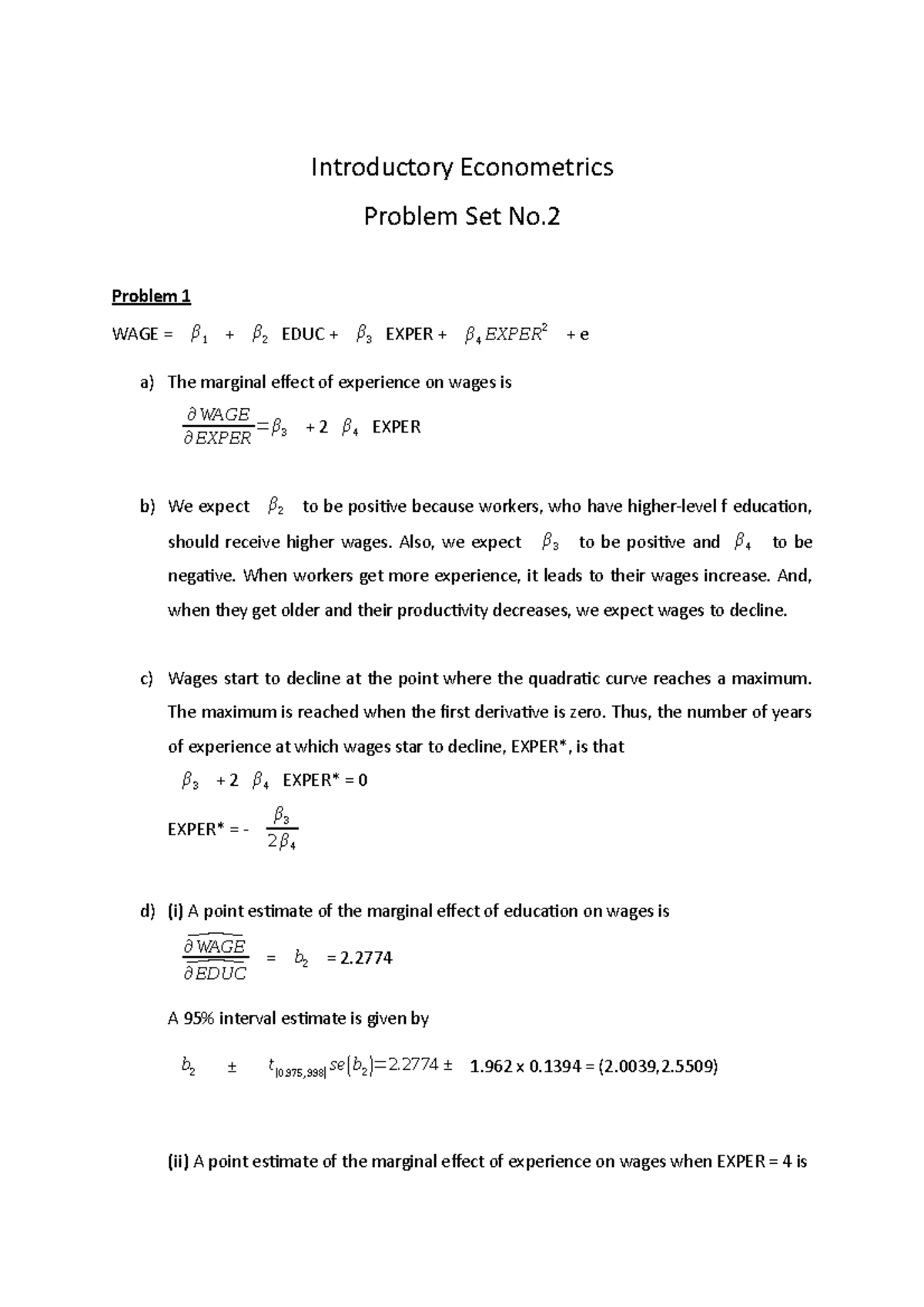 Homework 3 Solutions Introductory Econometrics Problem Set No Problem 1 Wage β 1 β 2educ