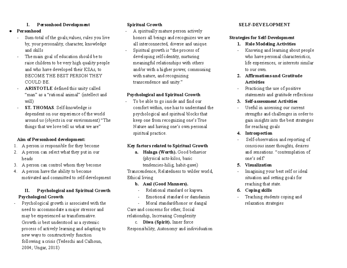 VAED Midterm - Lecture note - I. Personhood Development Personhood Sum-total of the goals,values ...