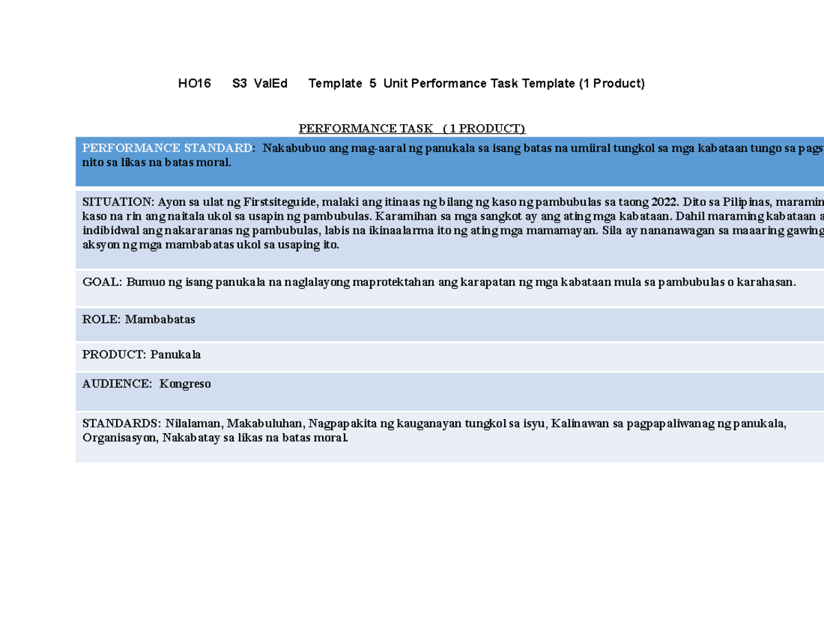S3 Template 5 Unit Performance Task Template ( 1 product) - HO16 S3 ...